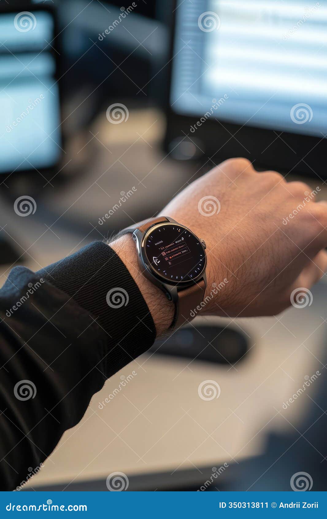 Office Worker Utilizing AI Assistant on Smartwatch for Task Management ...