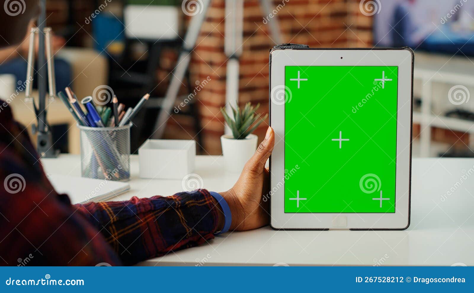 Office Worker Vertically Holding Digital Device with Greenscreen Stock Photo - Image of ...