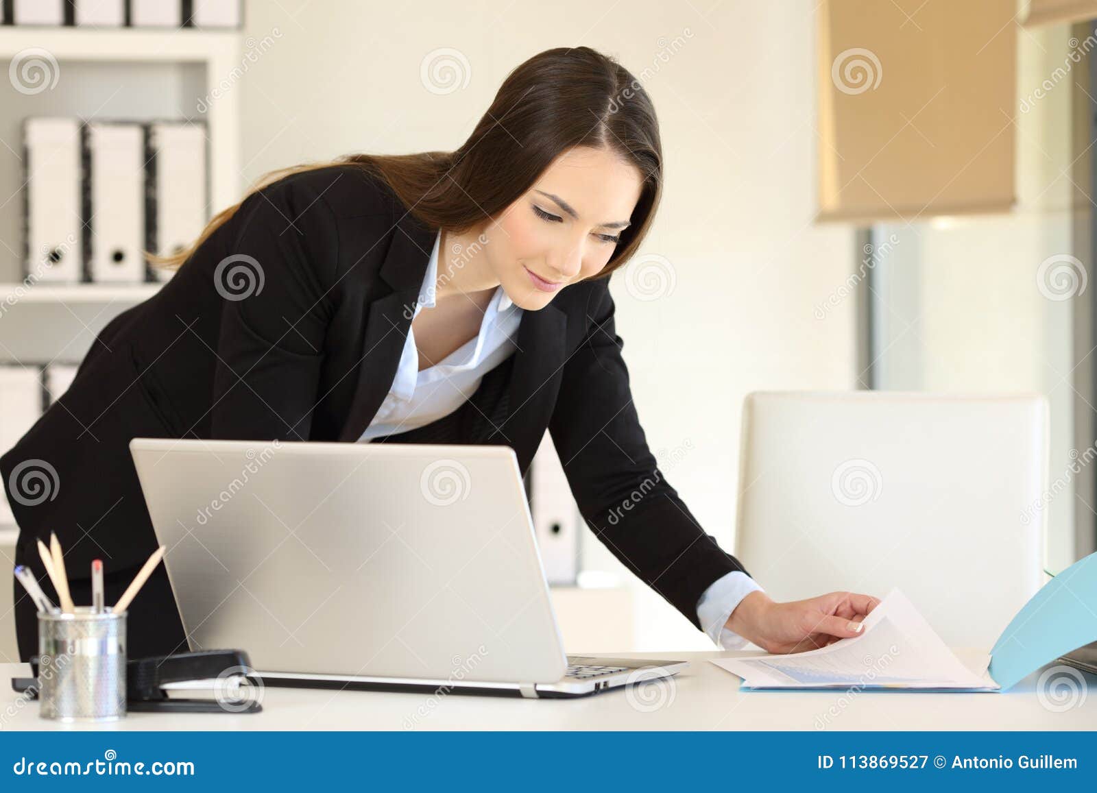 Office Worker Working Comparing Documents Online Stock Image - Image of ...