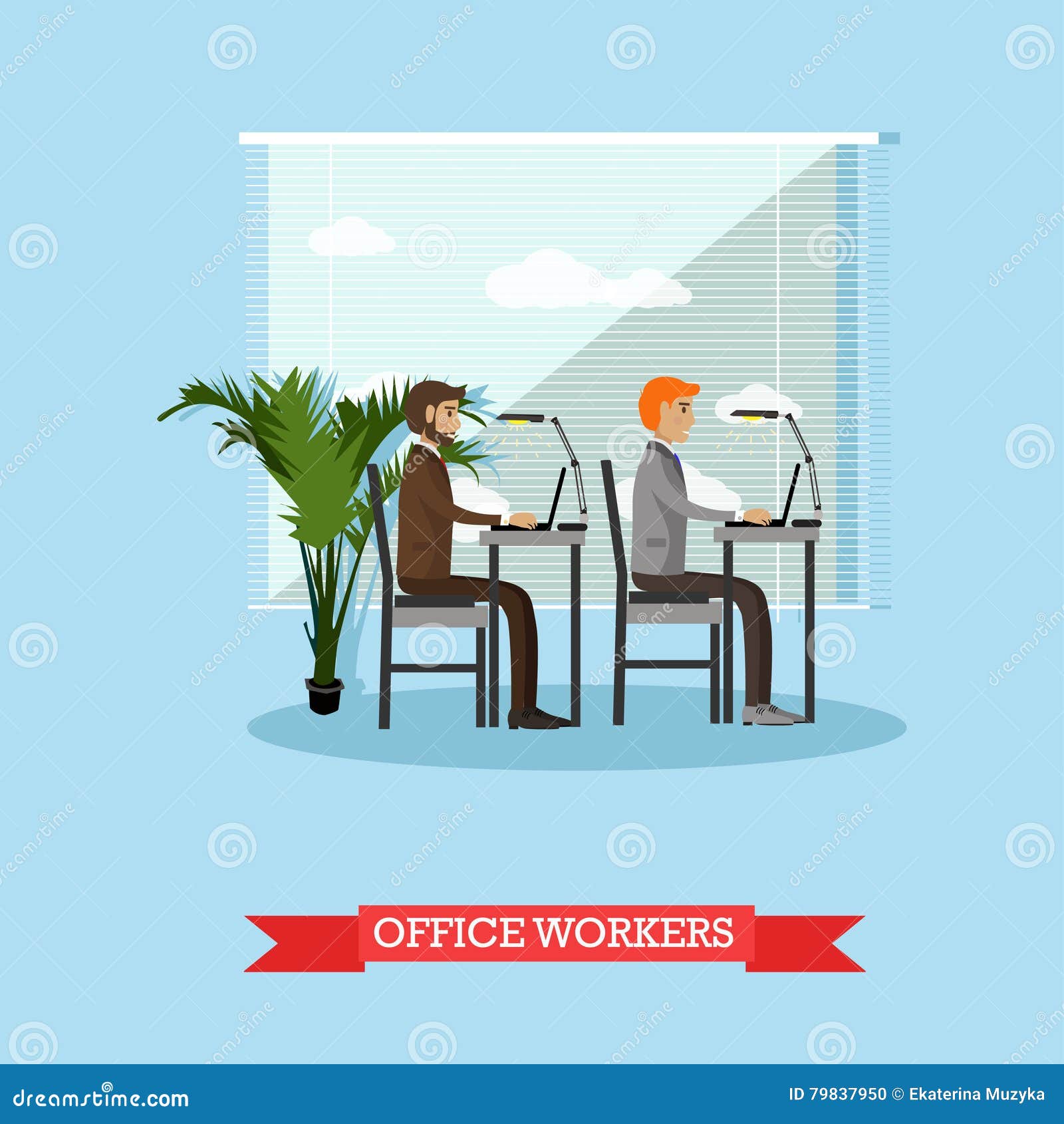 Office Workers and Business People Work with Computers. Vector Banner ...