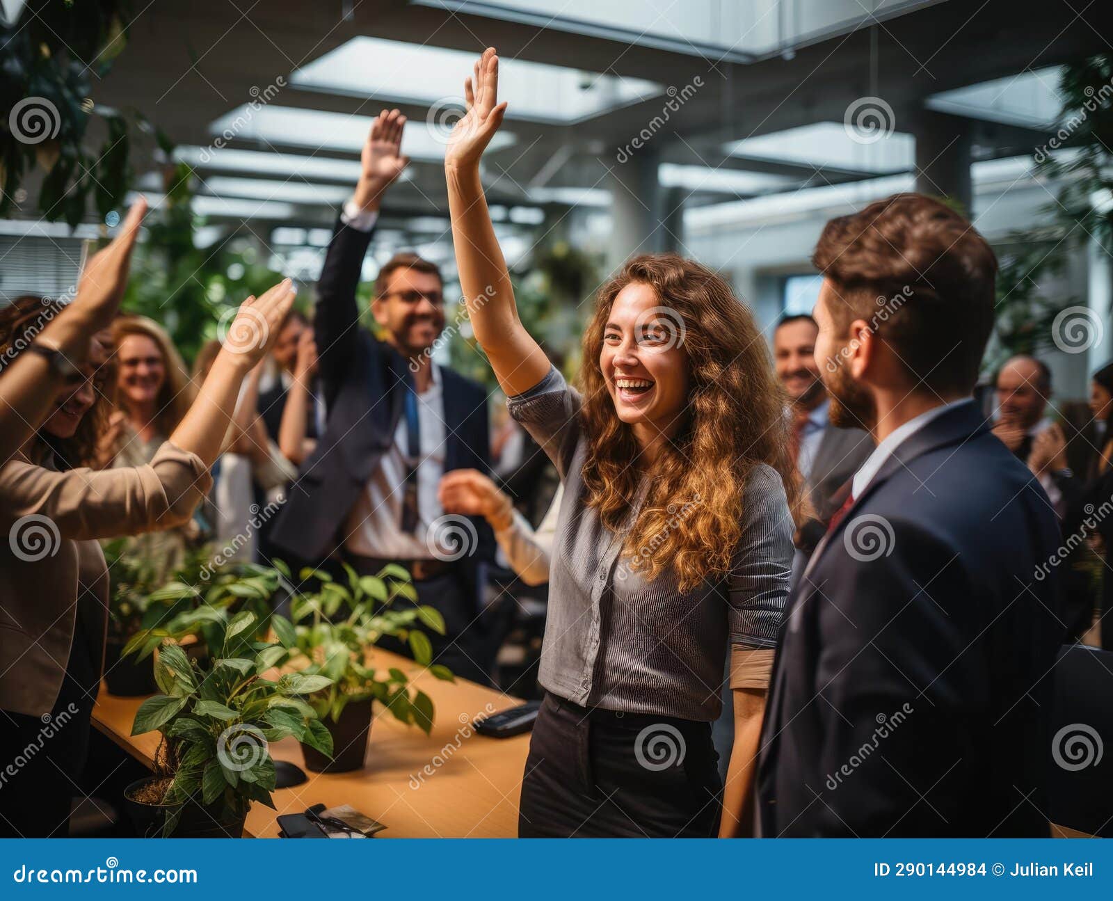 Office Workers Celebrate Victory in Open Office Stock Illustration ...
