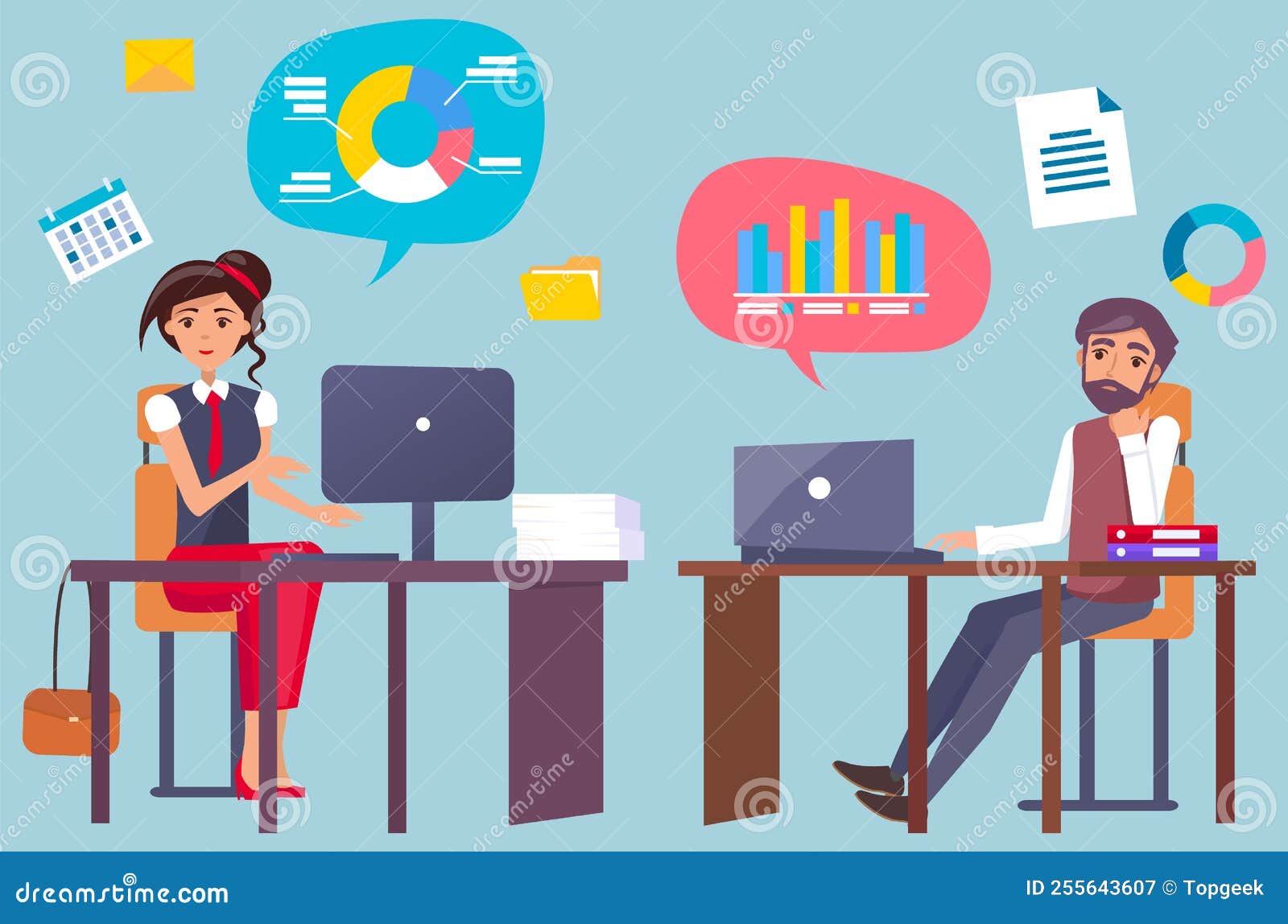 Office Workers at Desktops, Graphics and Charts Stock Vector ...