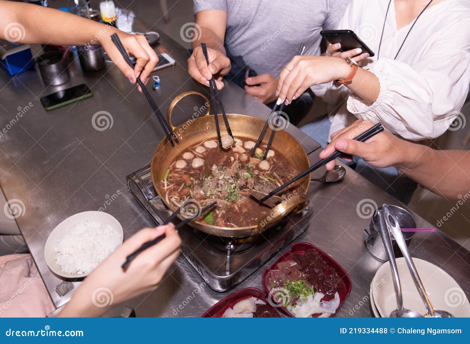 5 Office Workers Eating Hot Pot Stewed Beef Stock Photo - Image of ...