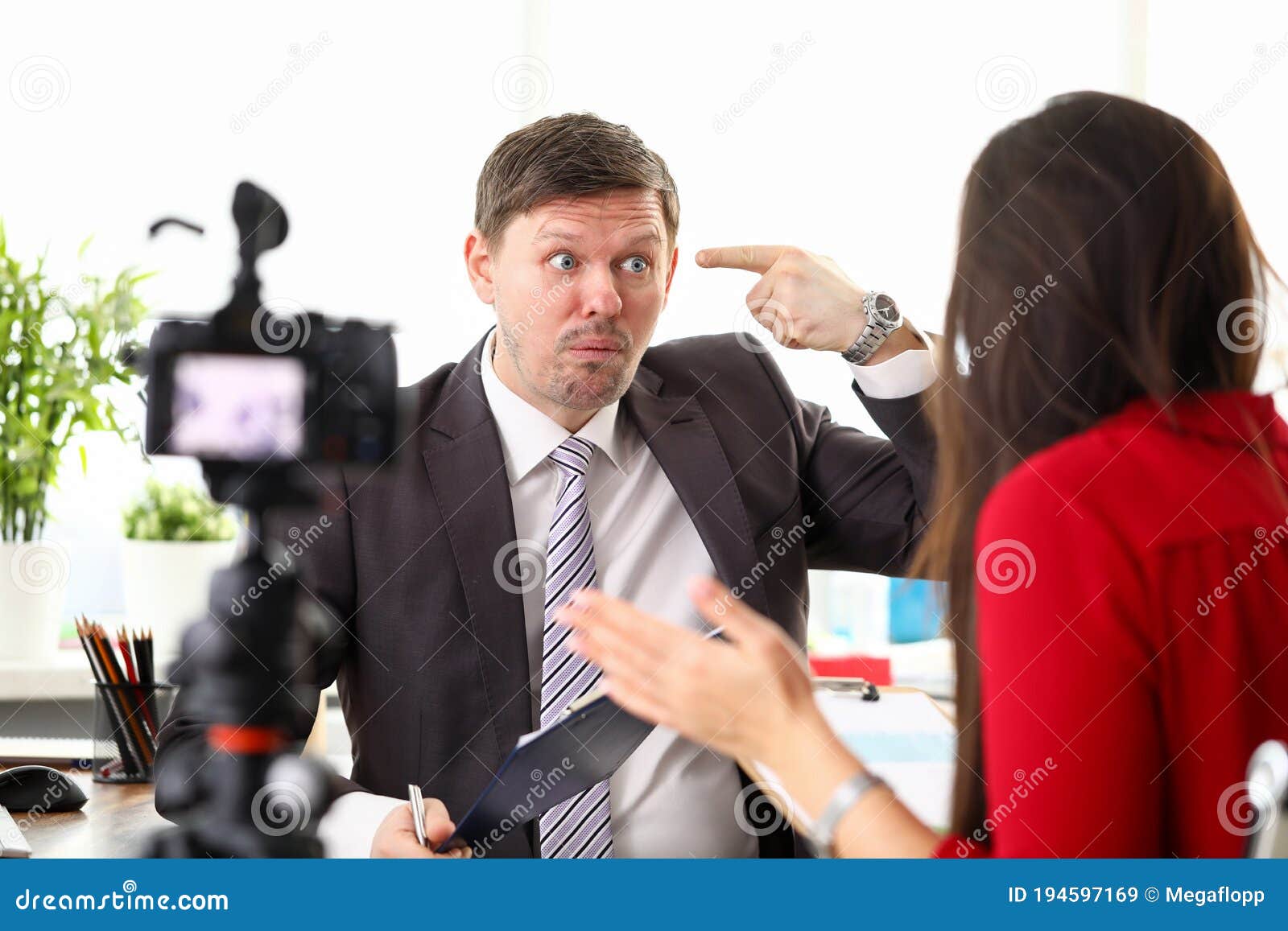 Office Workers, Man and Woman Argue in Front Camera Stock Image - Image ...