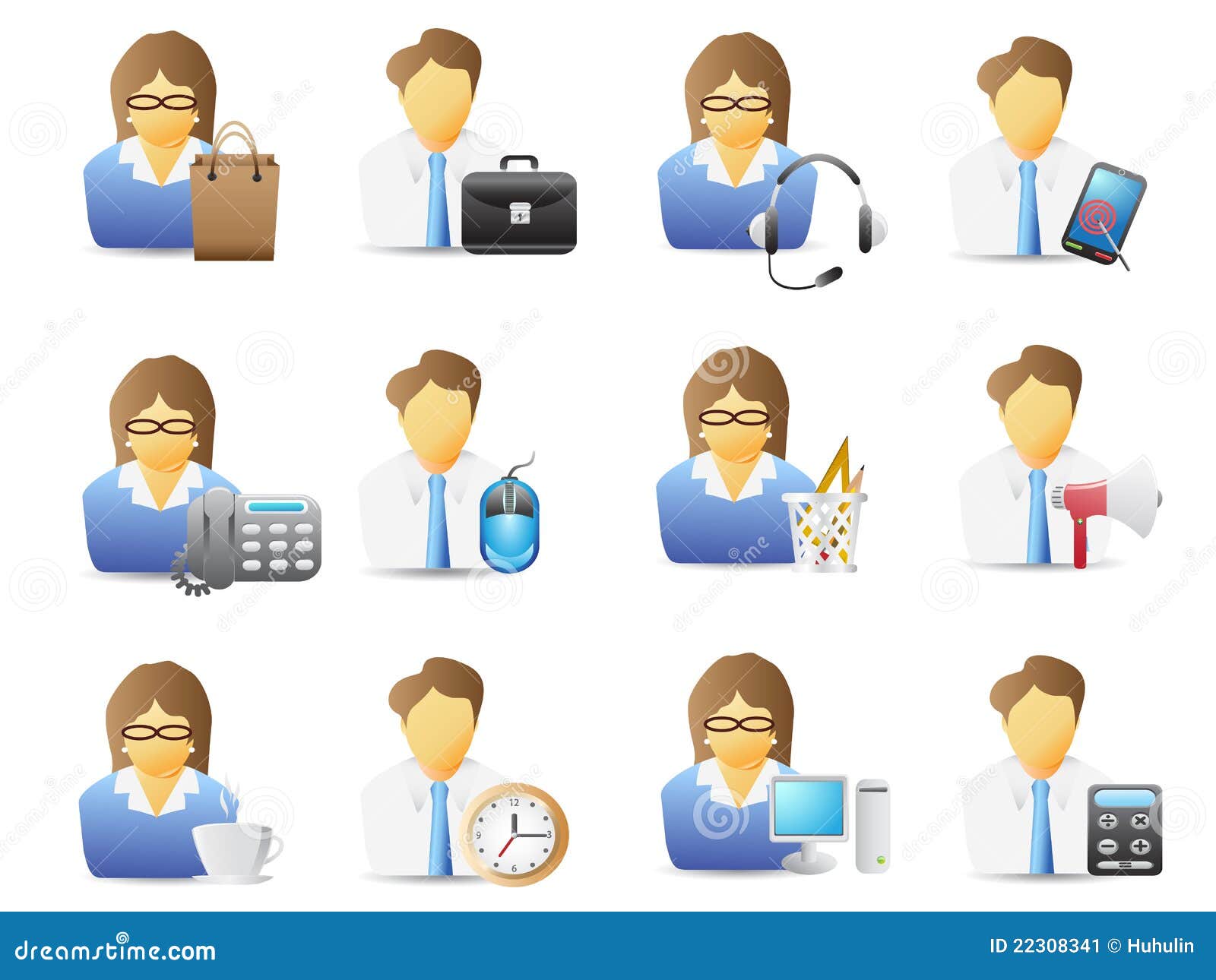 Office Workers with Office Tools Icon Set Stock Vector - Illustration ...