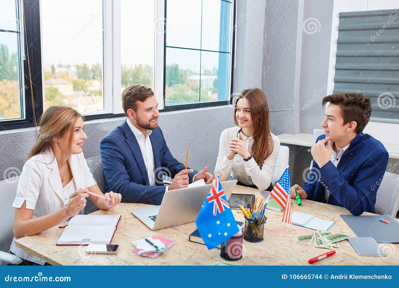 Office Workers Sit at the Table and Talk. Stock Photo - Image of modern ...
