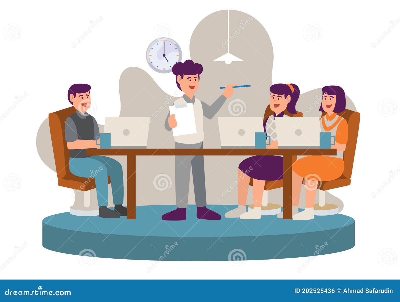 Office Workers Sitting at Round Table and Discussing Ideas. Vector ...