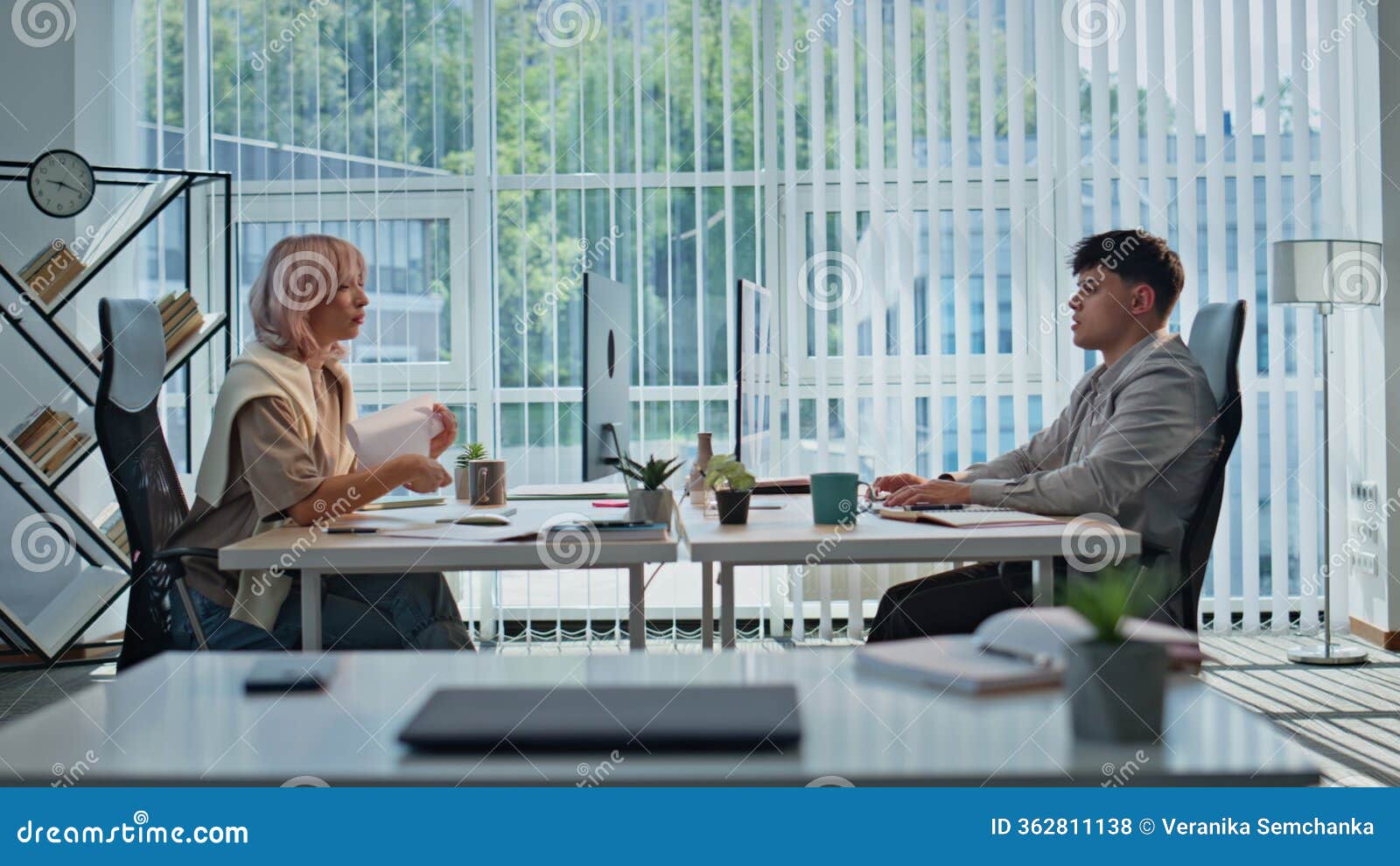 Office Workers Sitting Table Solving Tasks at Panoramic Interior ...