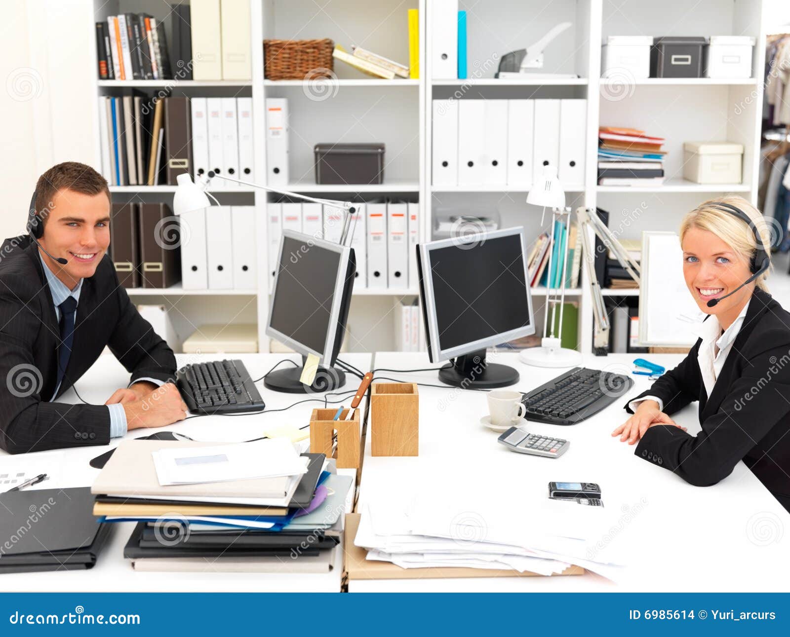 Office Workers Wearing Headsets Ready To Help Stock Photo - Image of ...