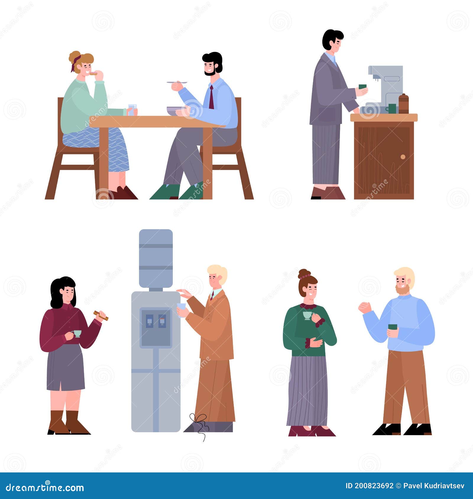 Office Workers during Work Break Set of Cartoon Vector Illustrations ...