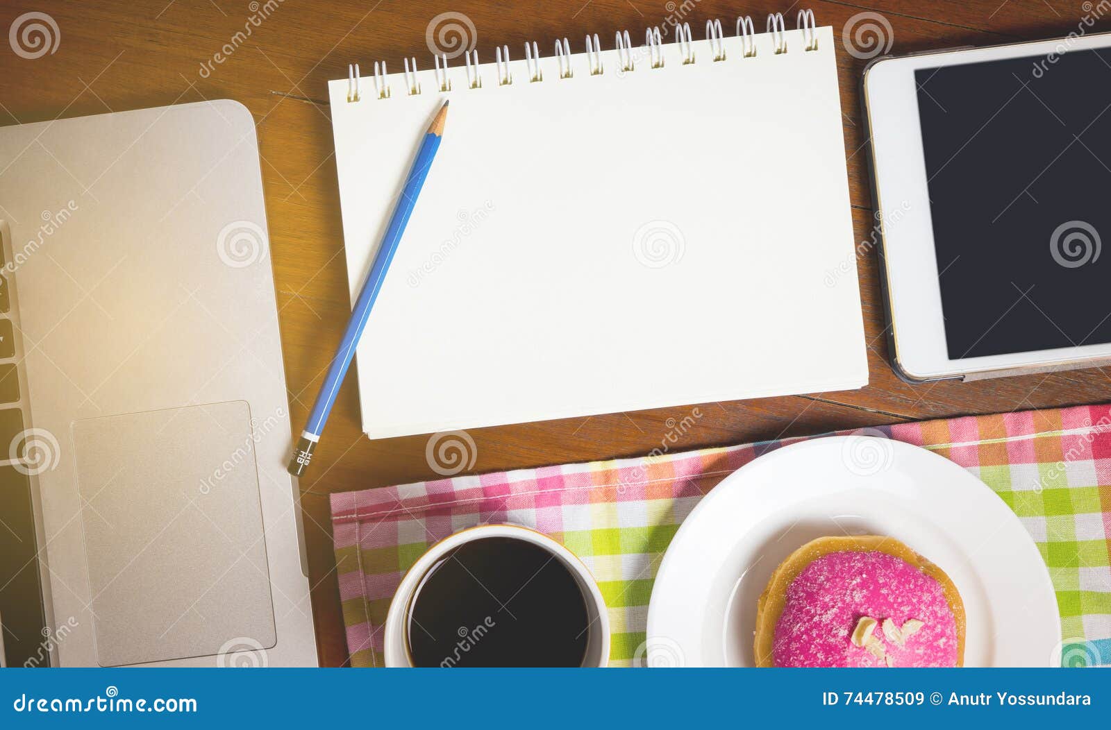 Office Working Equipment in a Cafe Table. Blank Notebook for Writing in ...