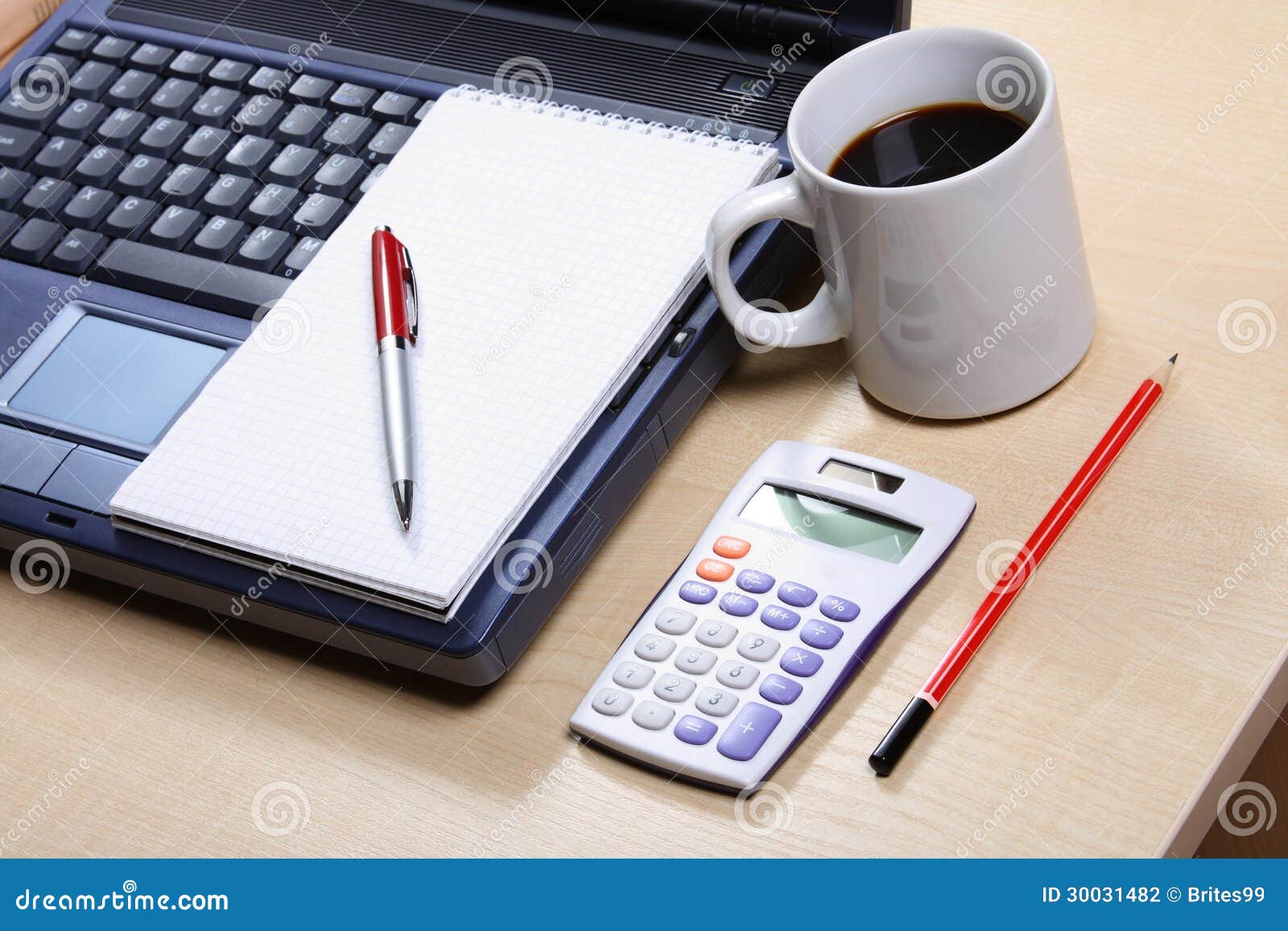 Still Life with a Blue Notebook Cup of Coffe, Calculator, Pad, Red Pen ...