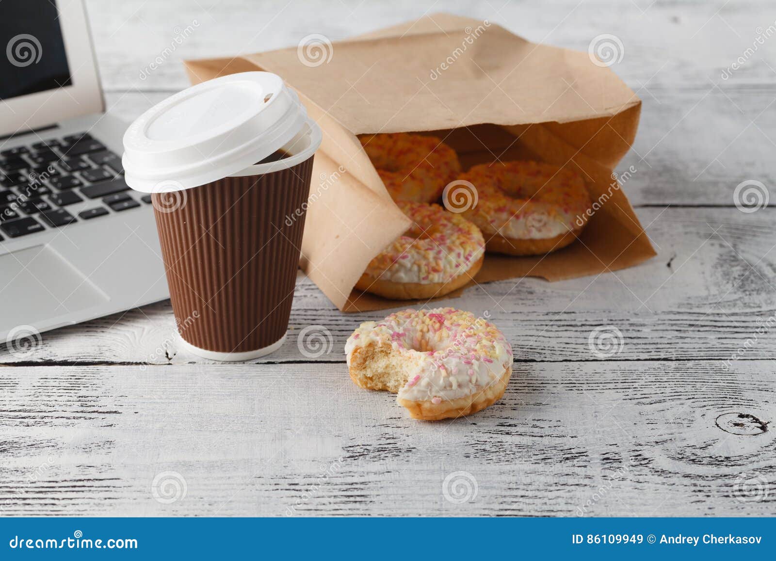 Office Workplace with Breakfast. Donuts and Coffee Stock Image - Image ...