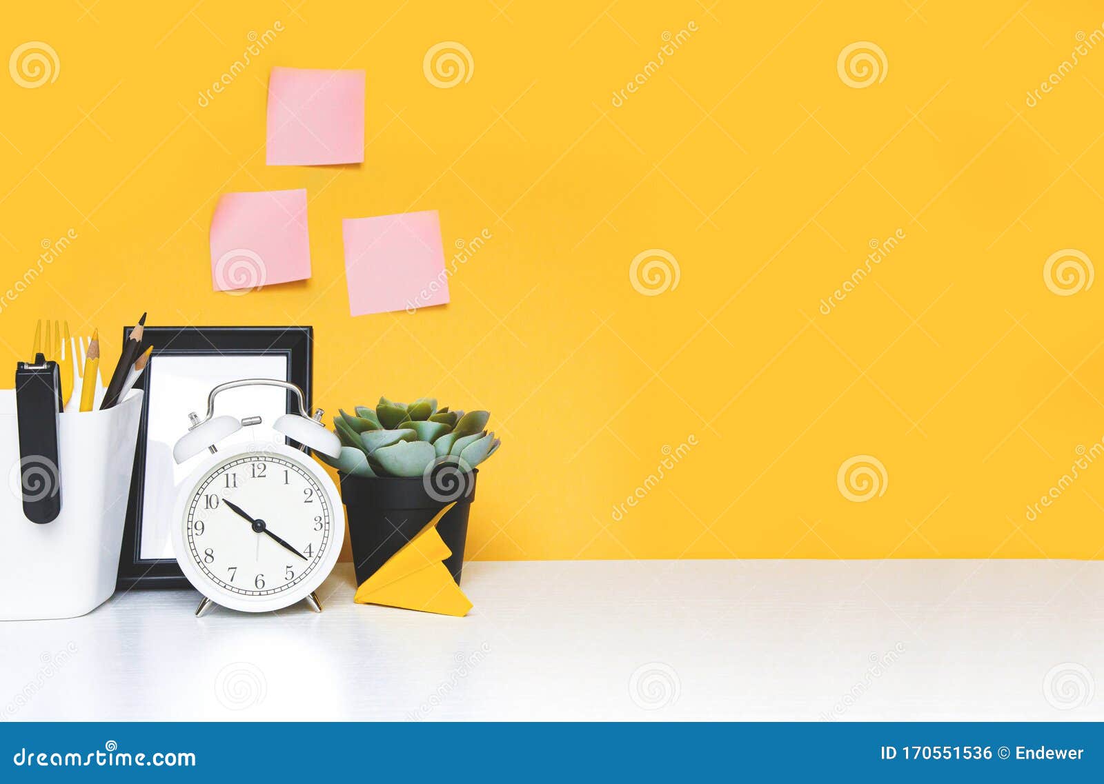 Office Workplace, Clock Alarm, Creative Workspace on Yellow Wall. Mock ...