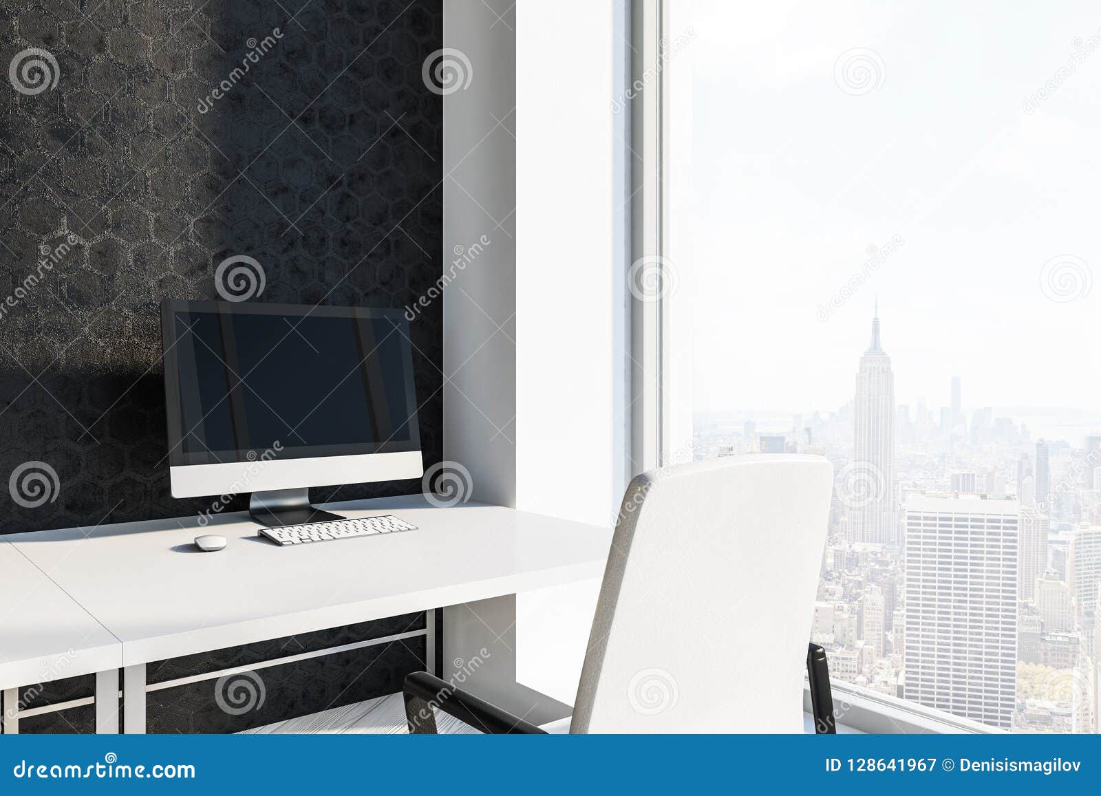 Office Workplace with Computer, Black Wall Stock Illustration ...