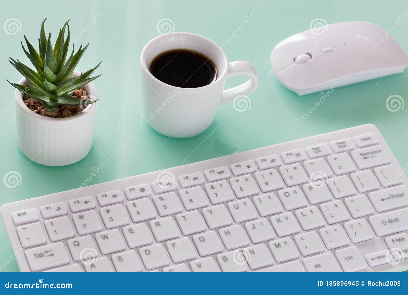 Office Workplace, Computer Keyboard with Coffee Cup, Evenly Arranged ...