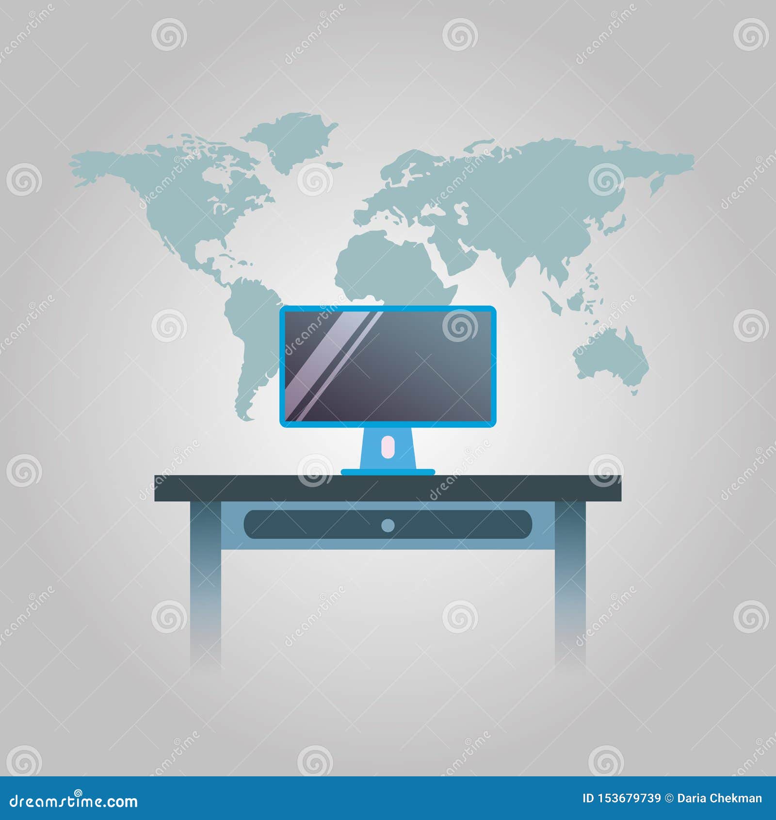 Office Workplace with Computer. World Map on Wall, Vector Illustration ...