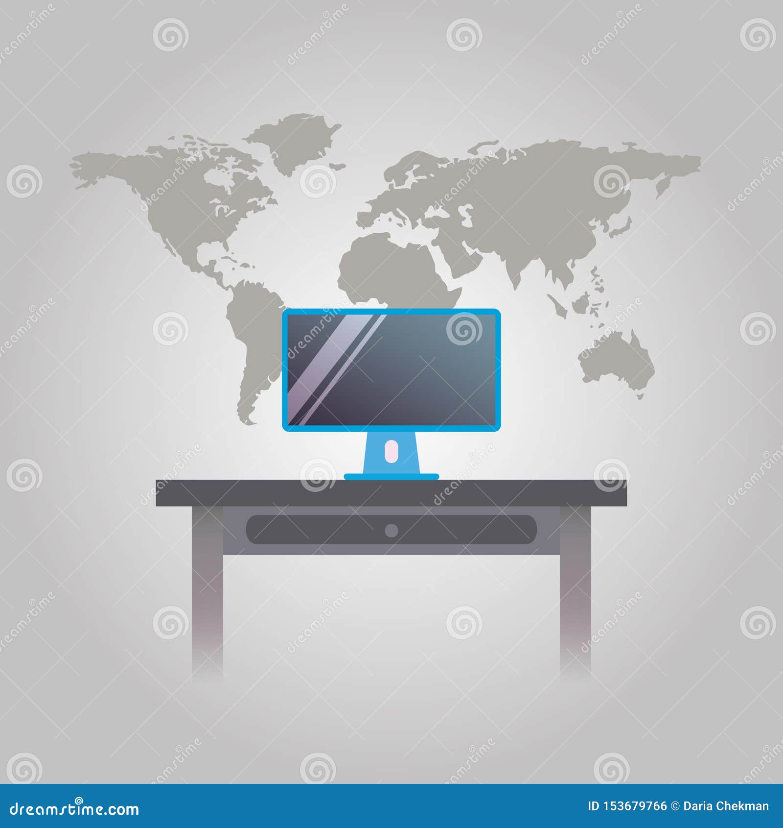 Office Workplace with Computer. World Map on Wall, Vector Illustration ...