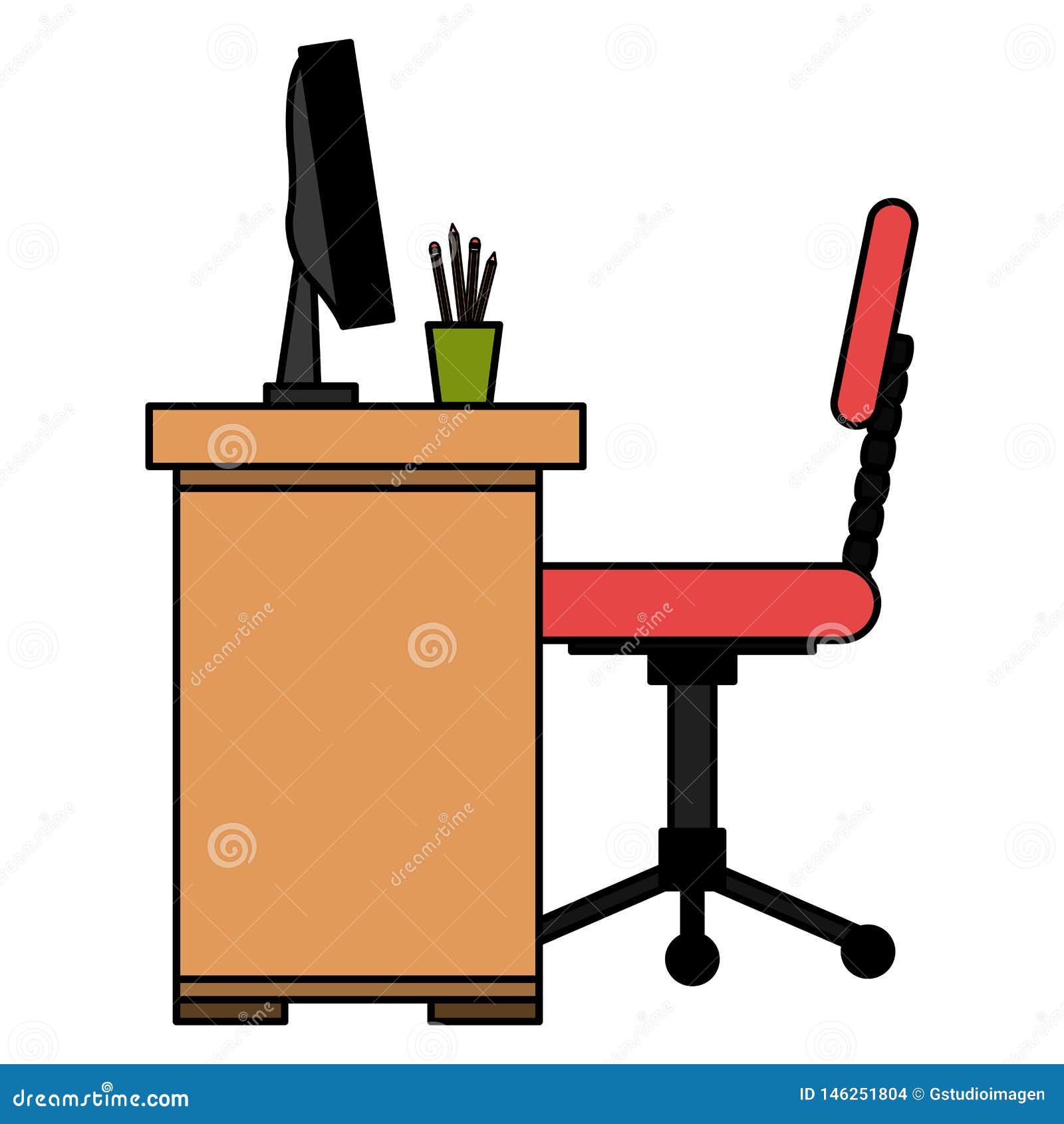 Office Workplace with Desk and Desktop Scene Stock Illustration ...