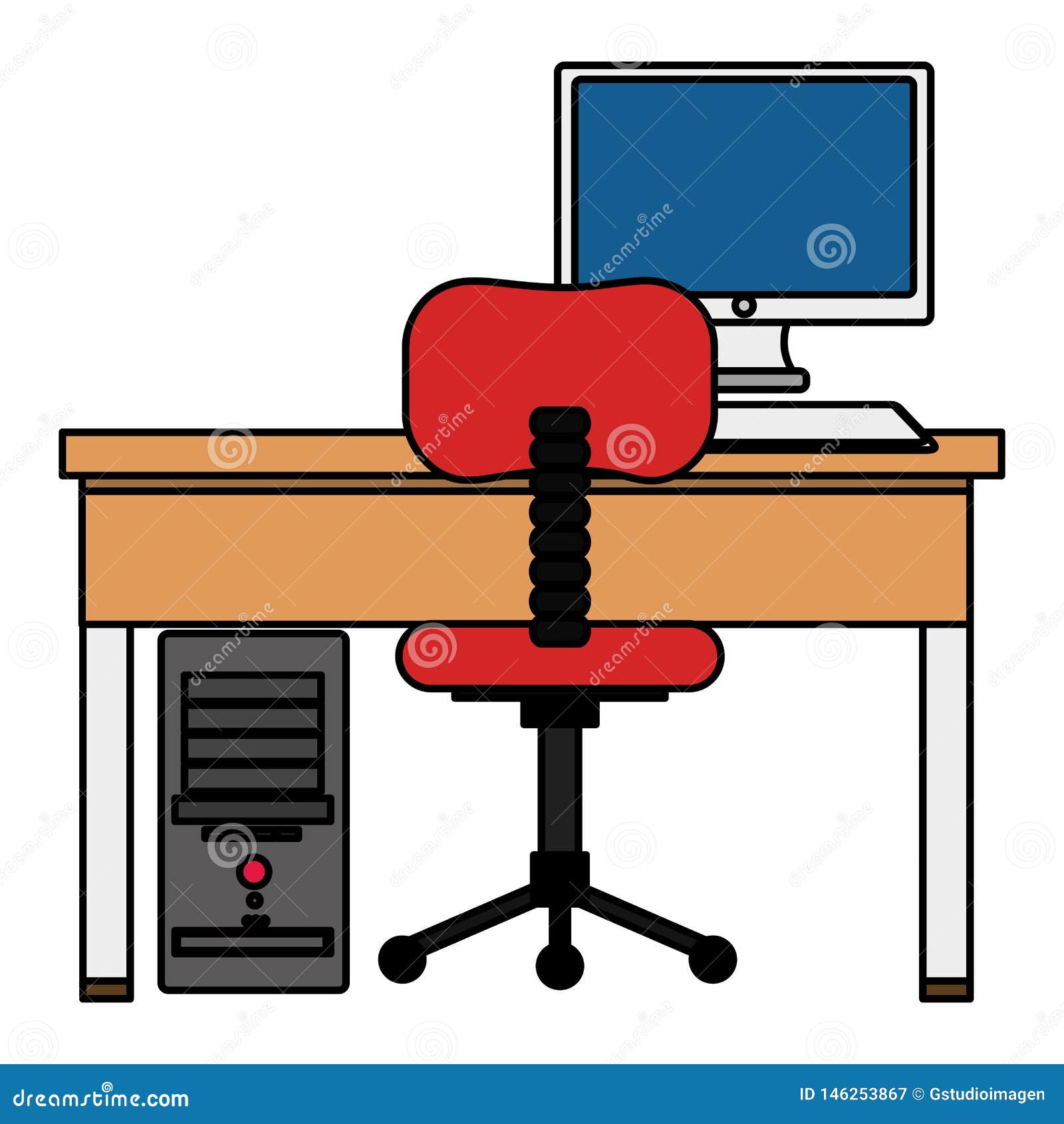 Office Workplace with Desk and Desktop Scene Stock Illustration ...