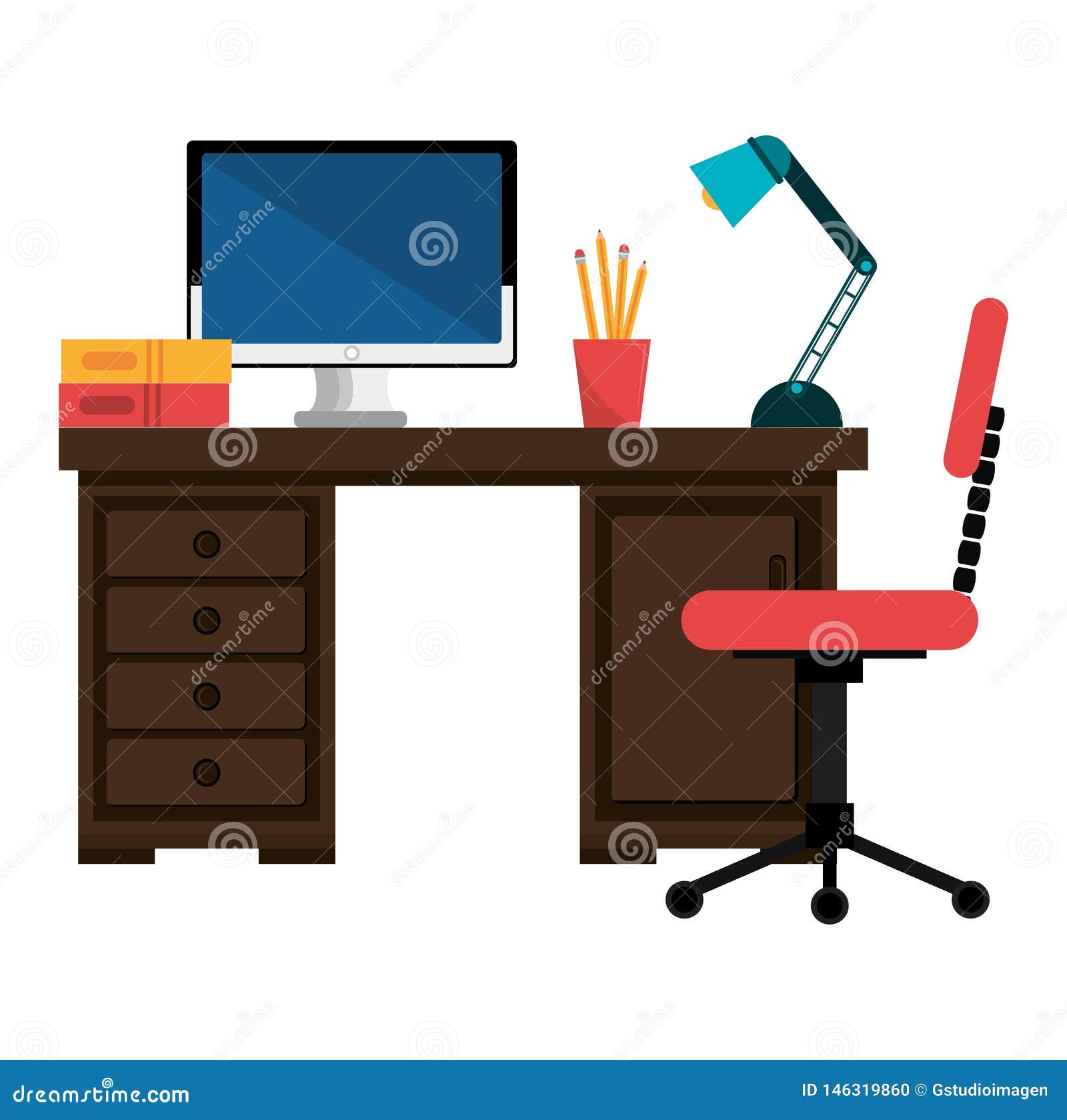 Office Workplace with Desk and Desktop Scene Stock Illustration ...