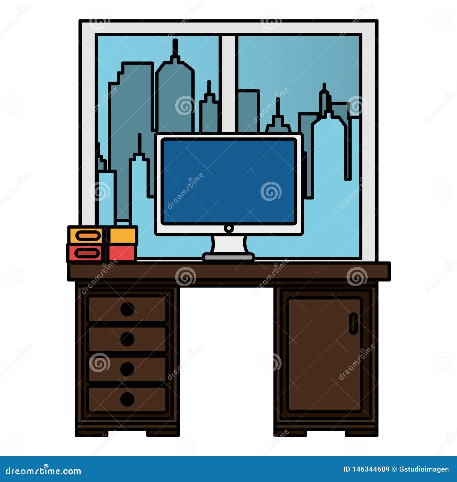 Office Workplace with Desk and Desktop Scene Stock Illustration ...