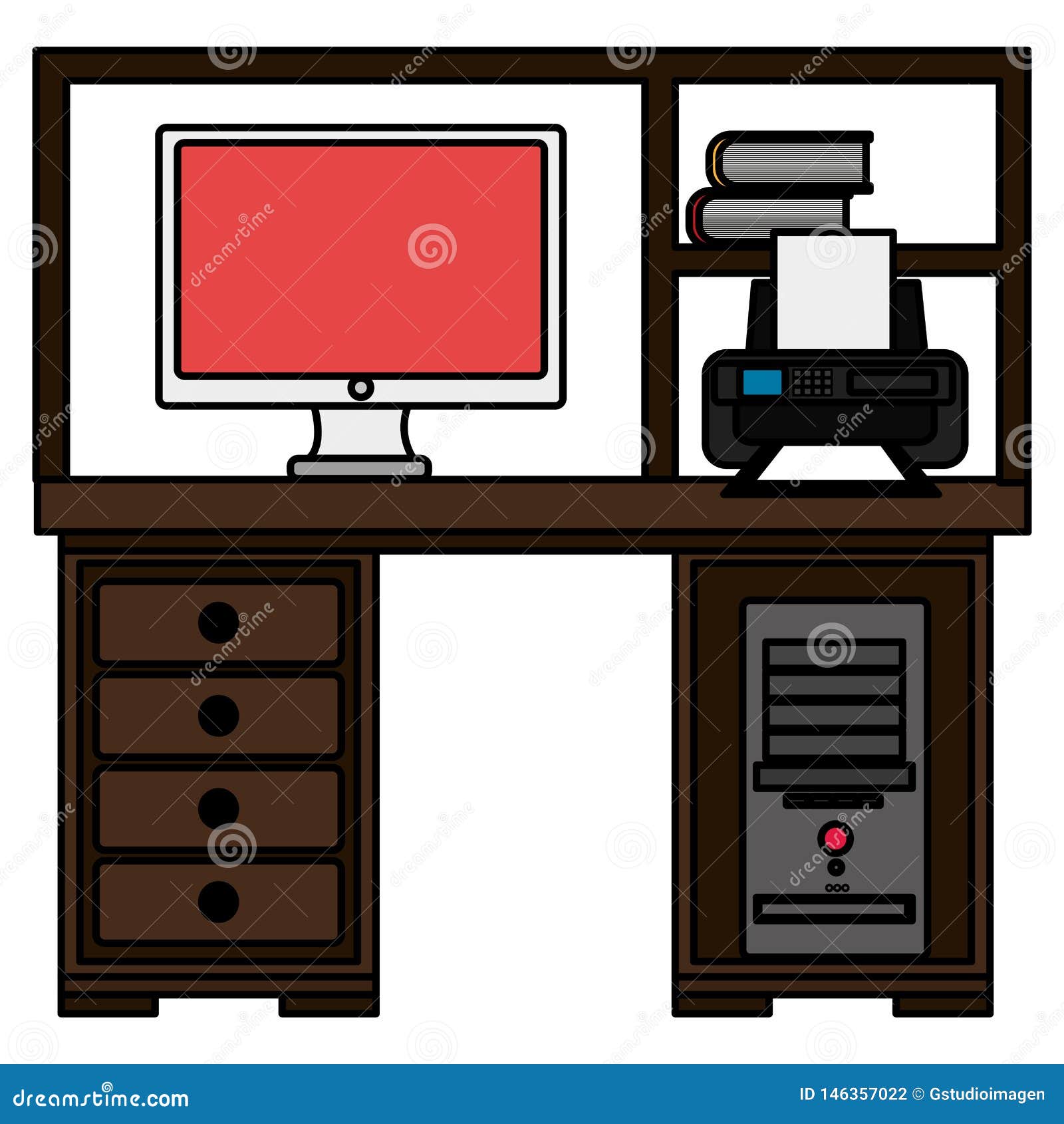 Office Workplace with Desk and Desktop Scene Stock Illustration ...