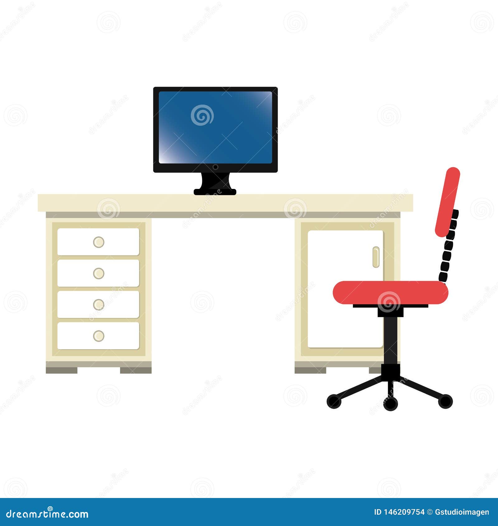 Office Workplace with Desk and Desktop Scene Stock Illustration ...