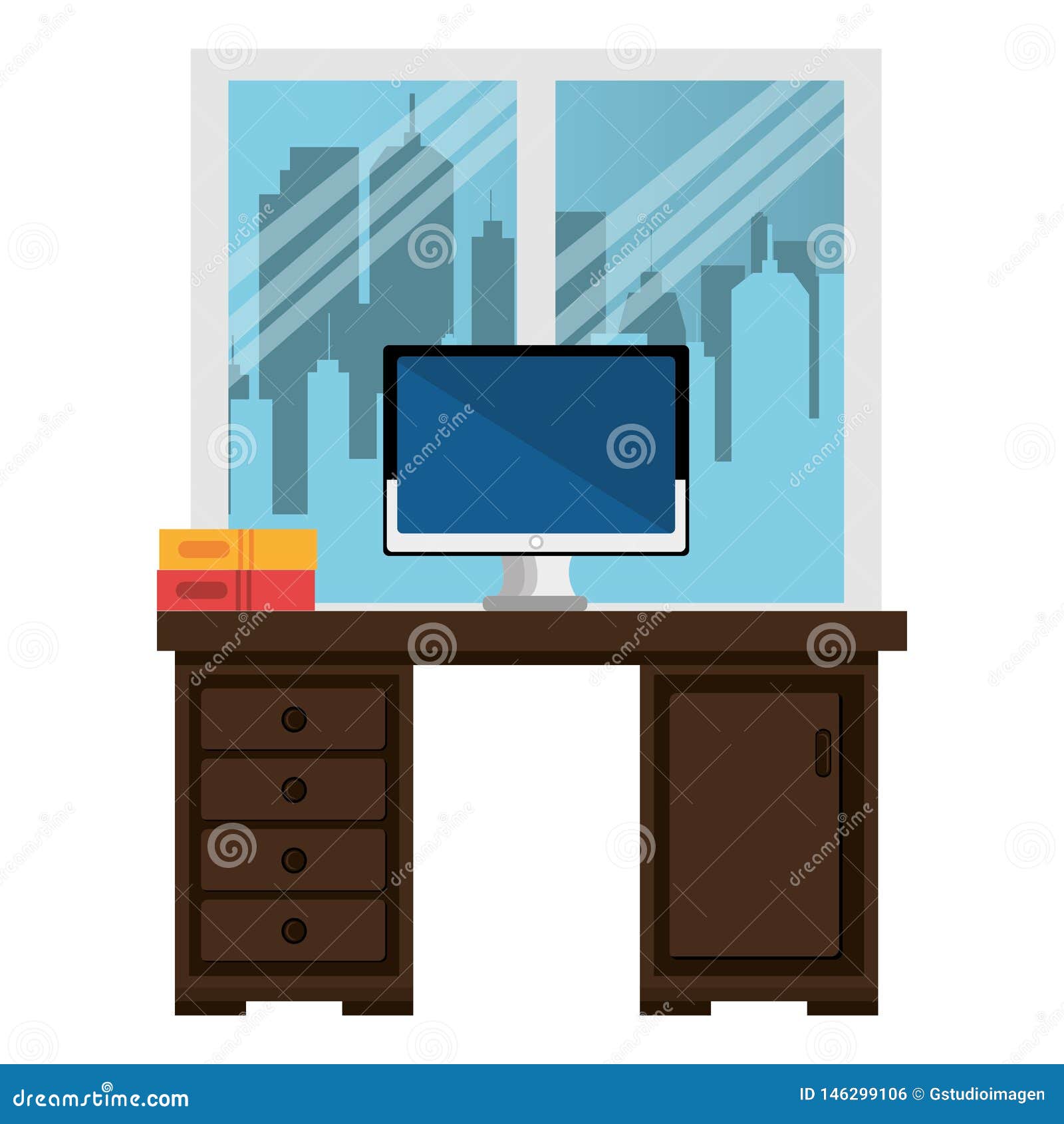 Office Workplace with Desk and Desktop Scene Stock Illustration ...
