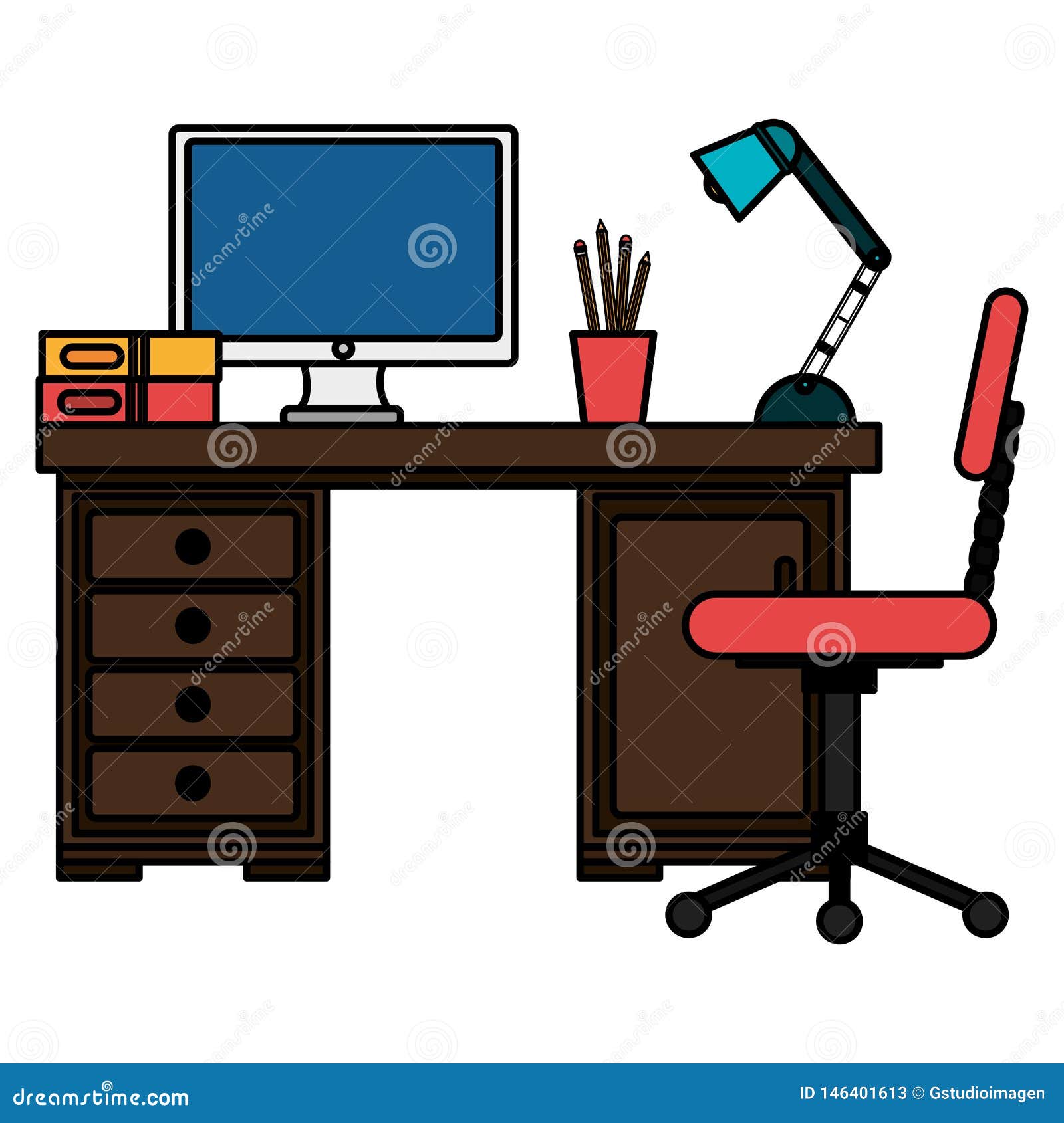 Office Workplace with Desk and Desktop Scene Stock Illustration ...