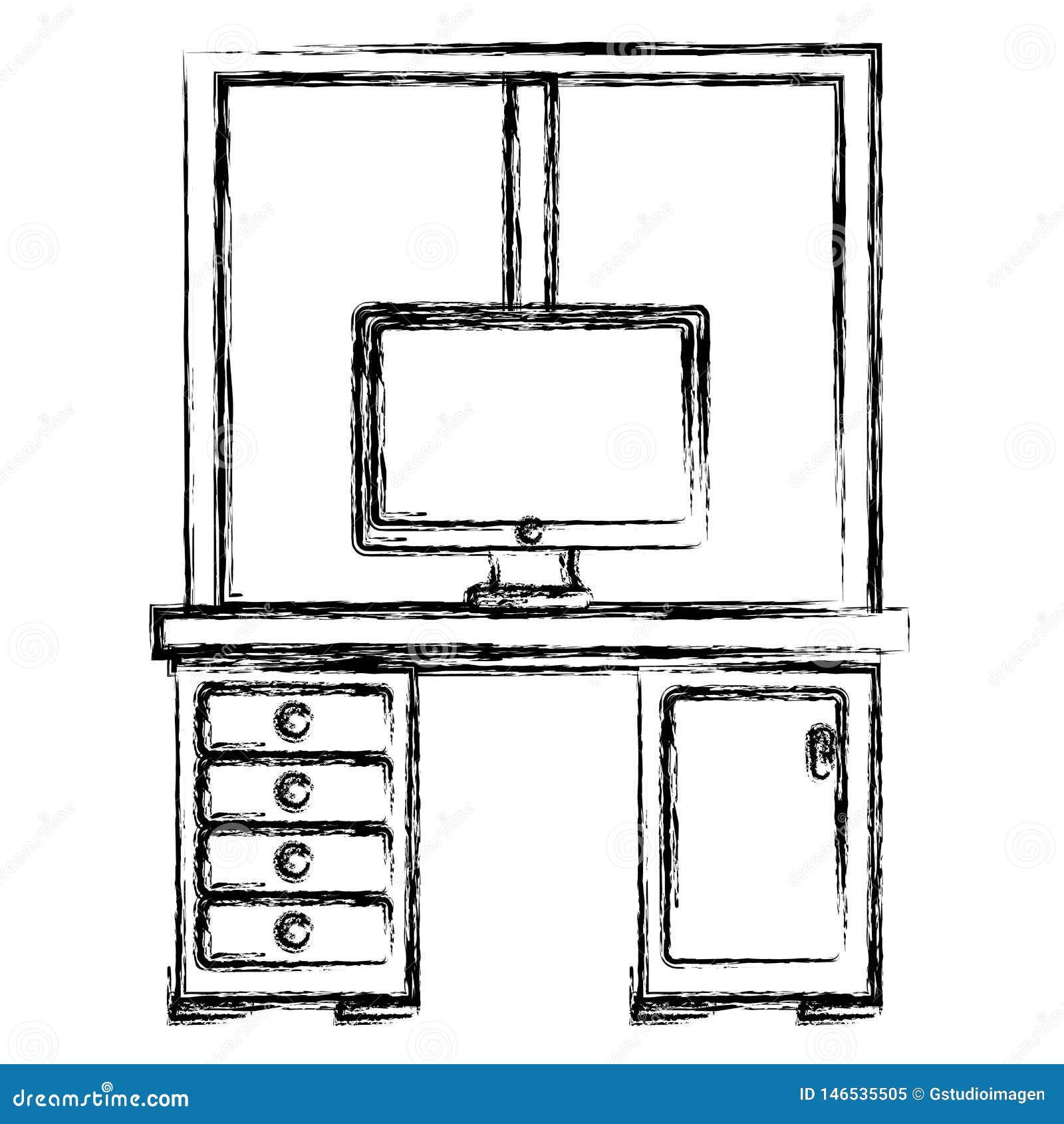 Office Workplace with Desk and Desktop Scene Stock Illustration ...