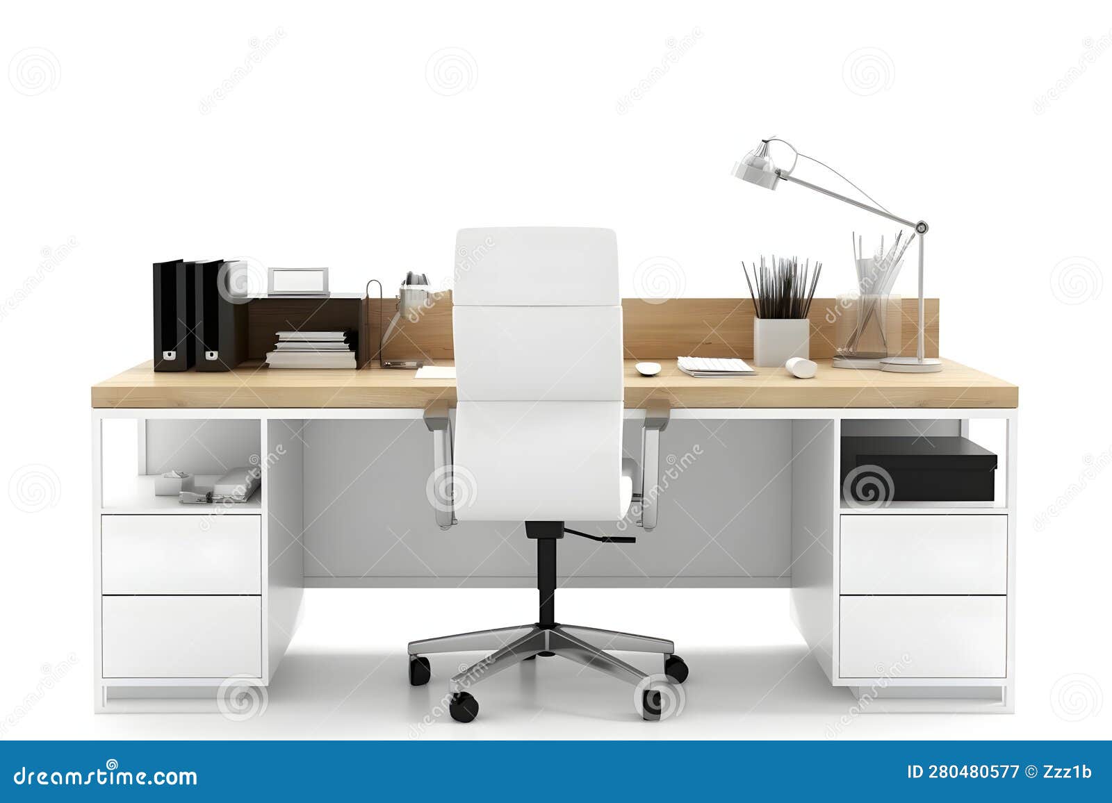 Office Workplace Desk in Front of Empty Chair Isolated on White ...
