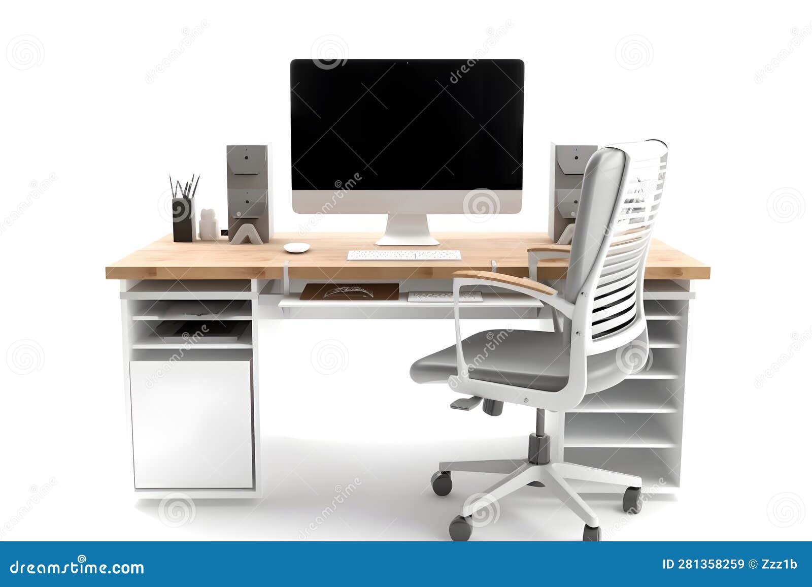 Office Workplace Desk in Front of Empty Chair Isolated on White ...