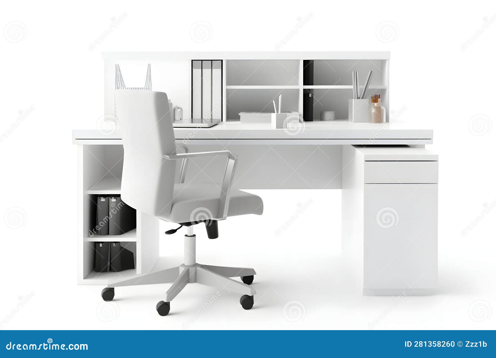 Office Workplace Desk in Front of Empty Chair Isolated on White ...