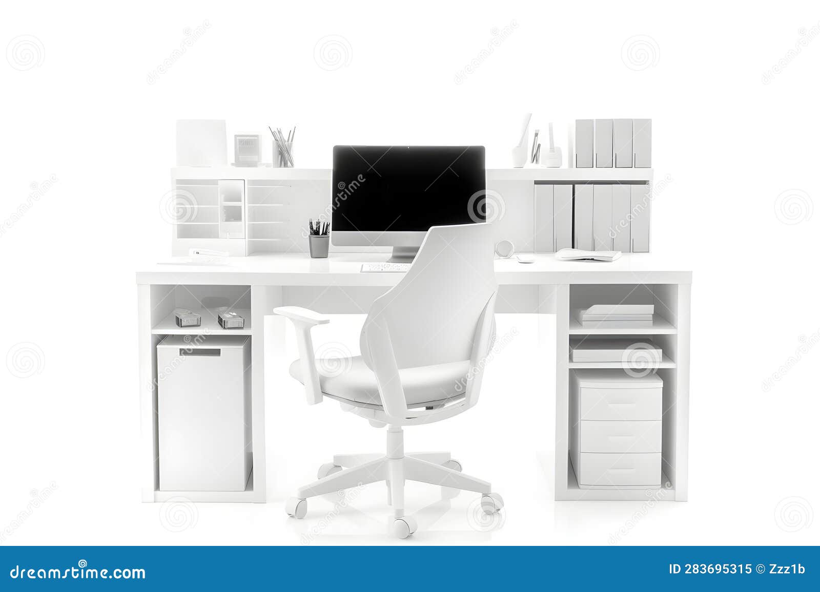 Office Workplace Desk in Front of Empty Chair Isolated on White ...