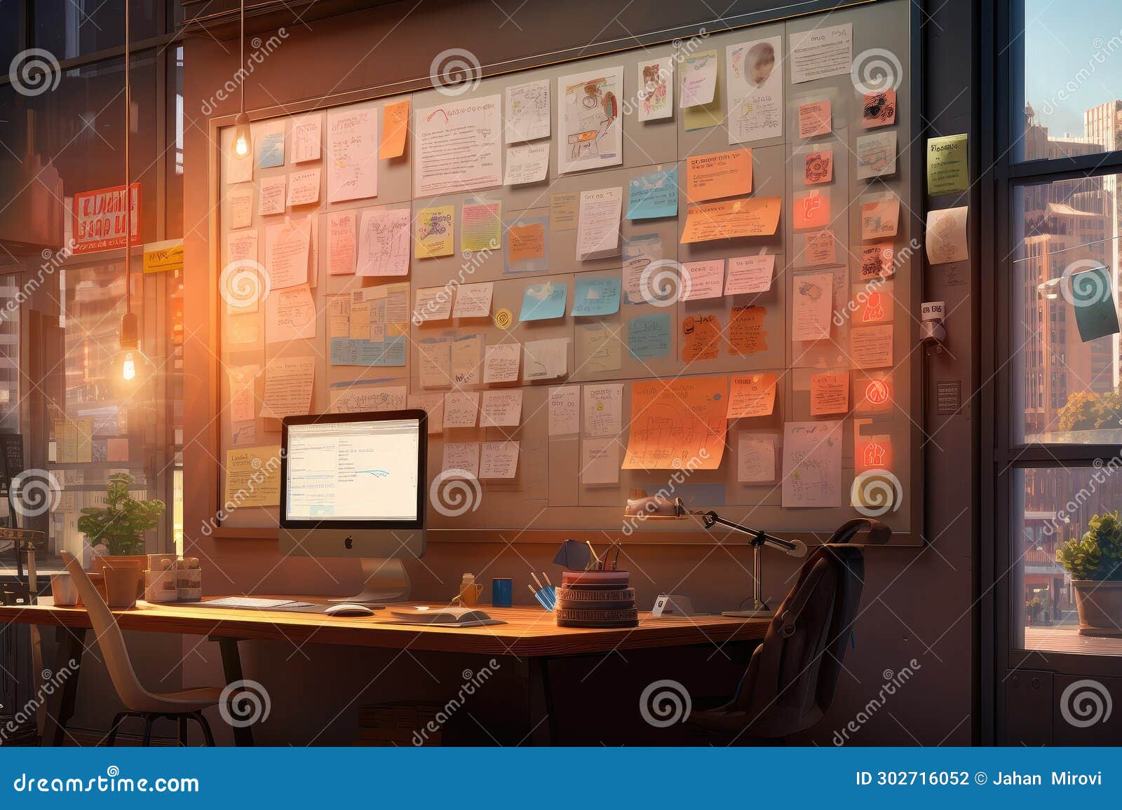 Office Workplace with Desktop Computer and Sticky Notes on the Wall in ...