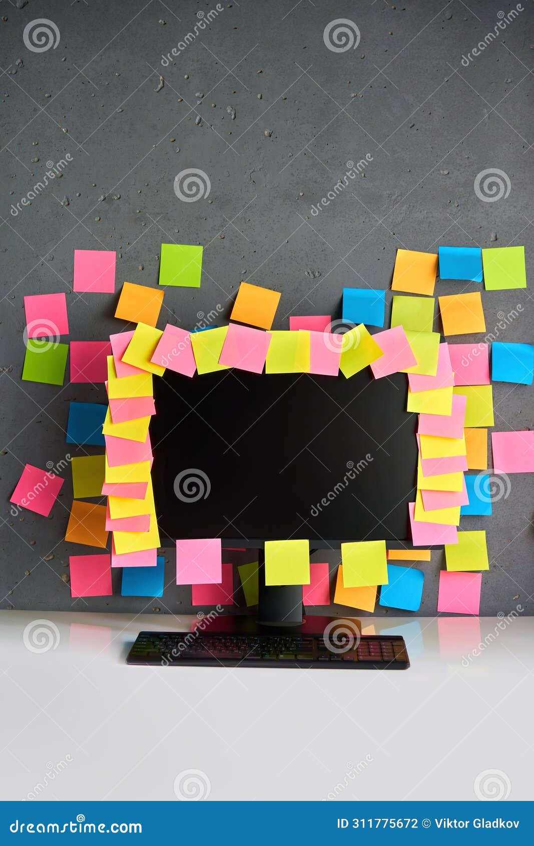 Office Workplace with Desktop Pc Full of Blank Colorful Sticky Notes ...