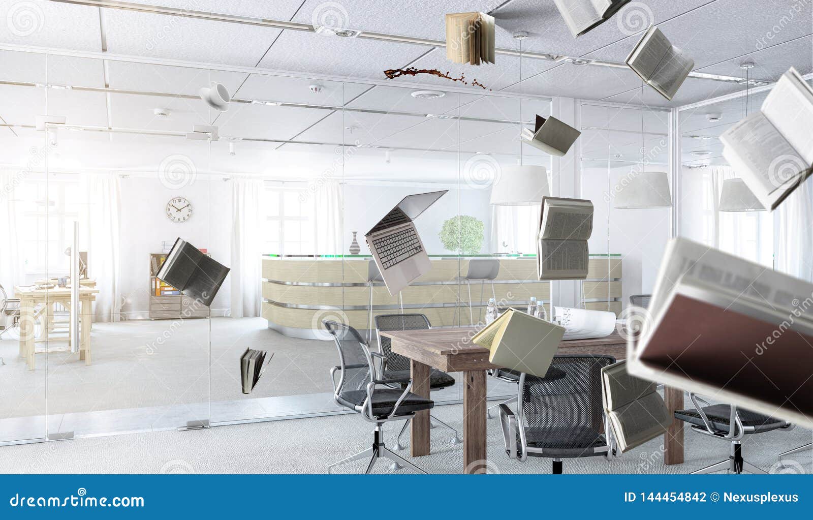 Office Workplace with Flying Objects Stock Illustration - Illustration ...