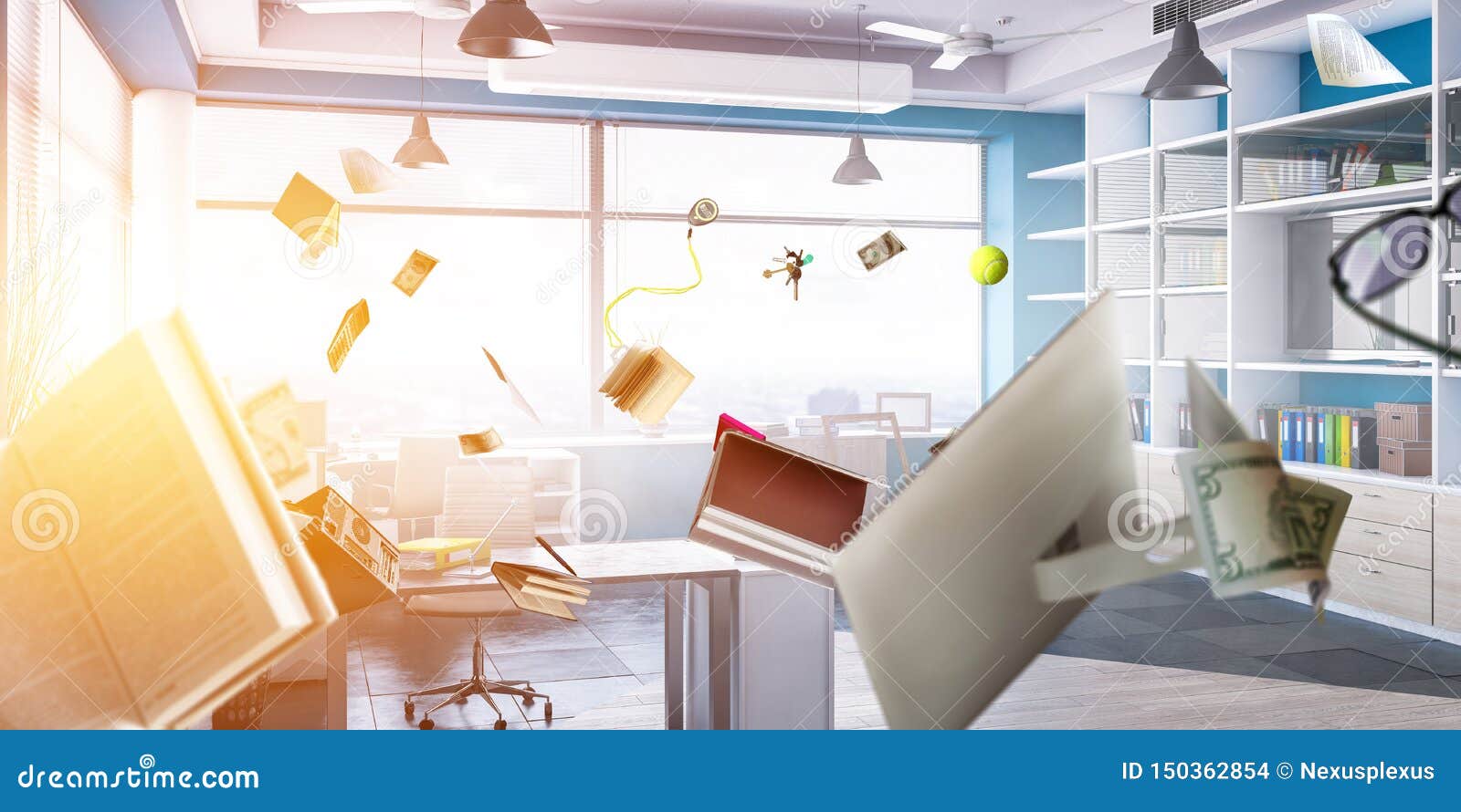 Office Workplace with Flying Objects Stock Photo - Image of cabinet ...