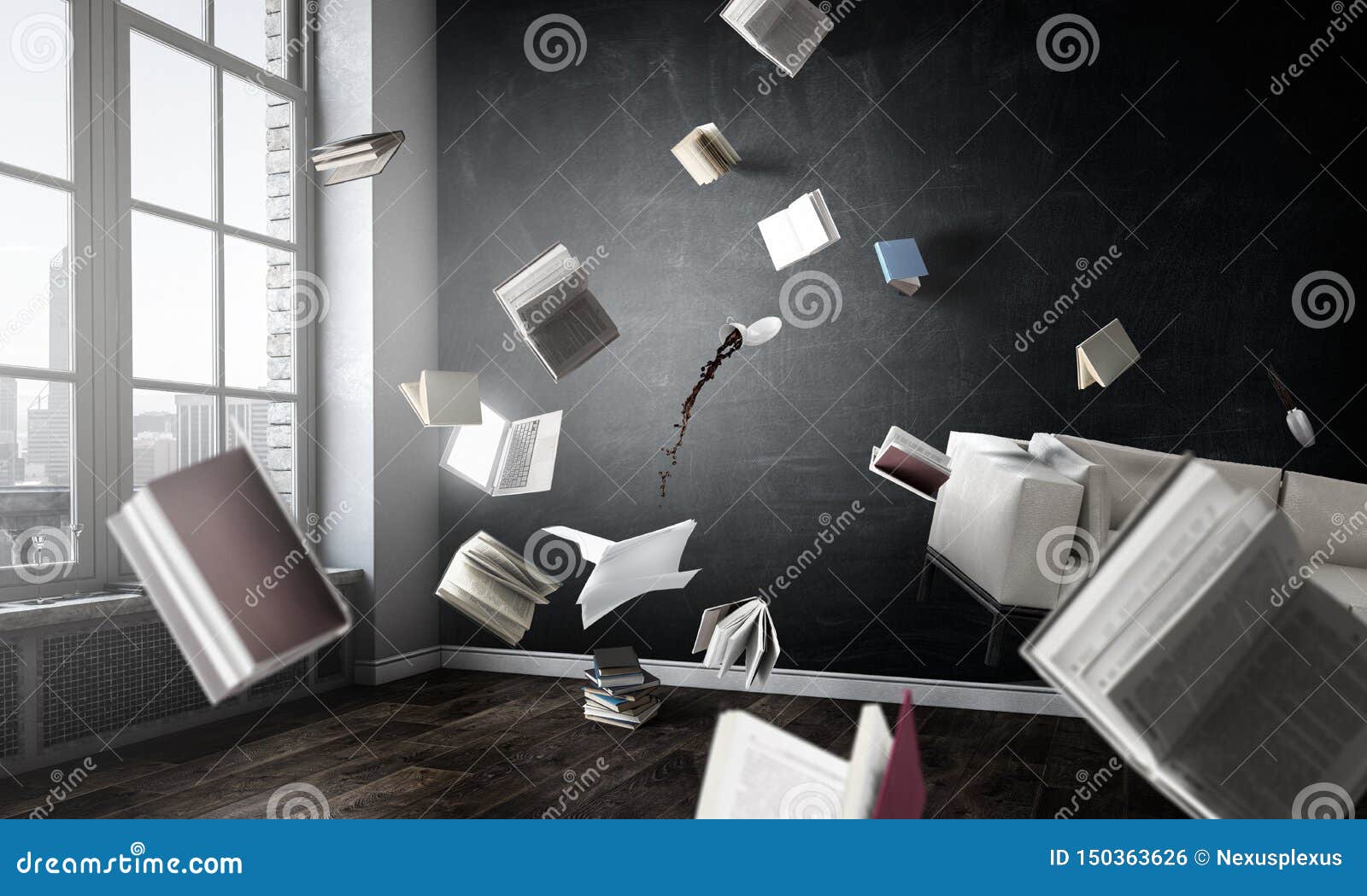 Office Workplace with Flying Objects Stock Photo - Image of workplace ...