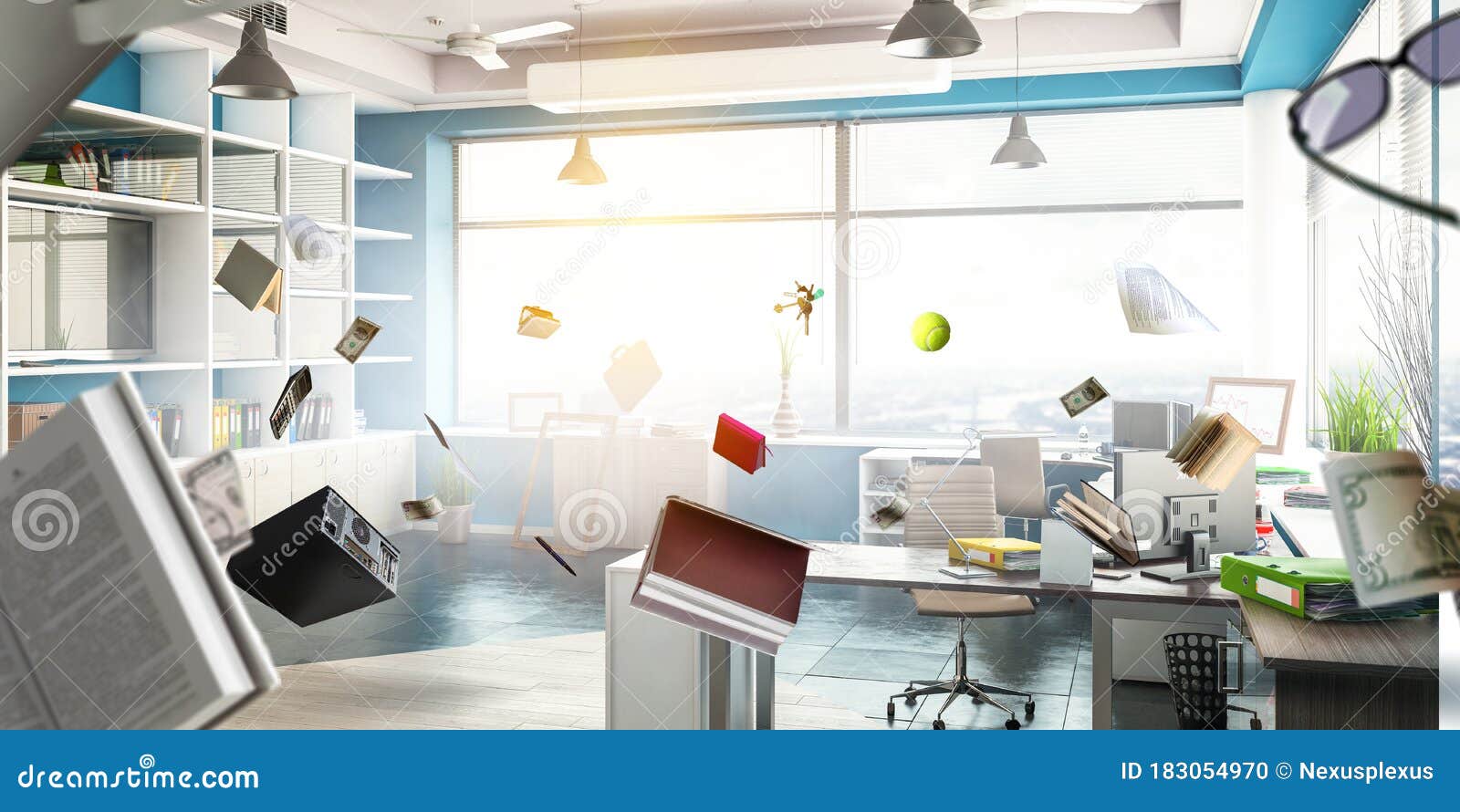Office Workplace with Flying Objects Stock Photo - Image of messy, view ...