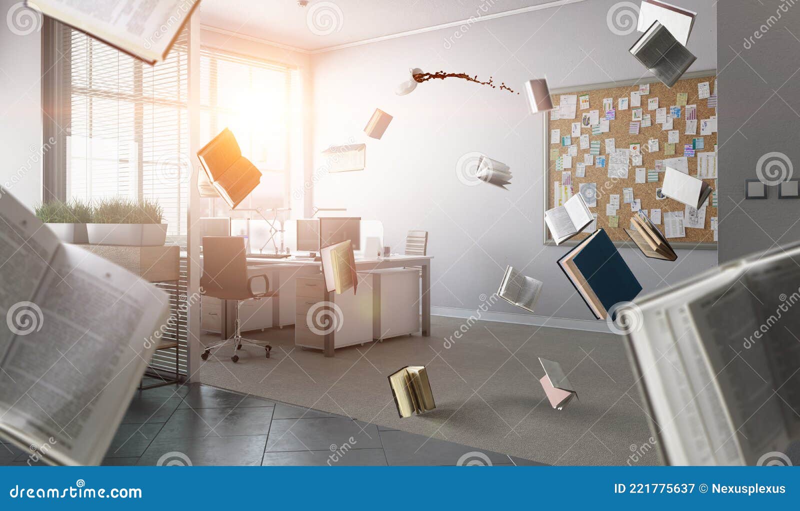 Office Workplace with Flying Objects Stock Image - Image of modern ...