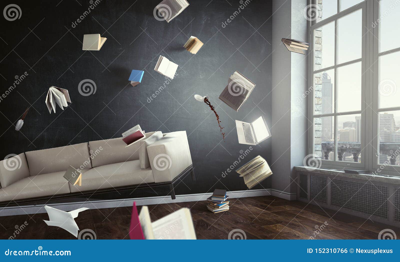 Office Workplace with Flying Objects Stock Photo - Image of business ...
