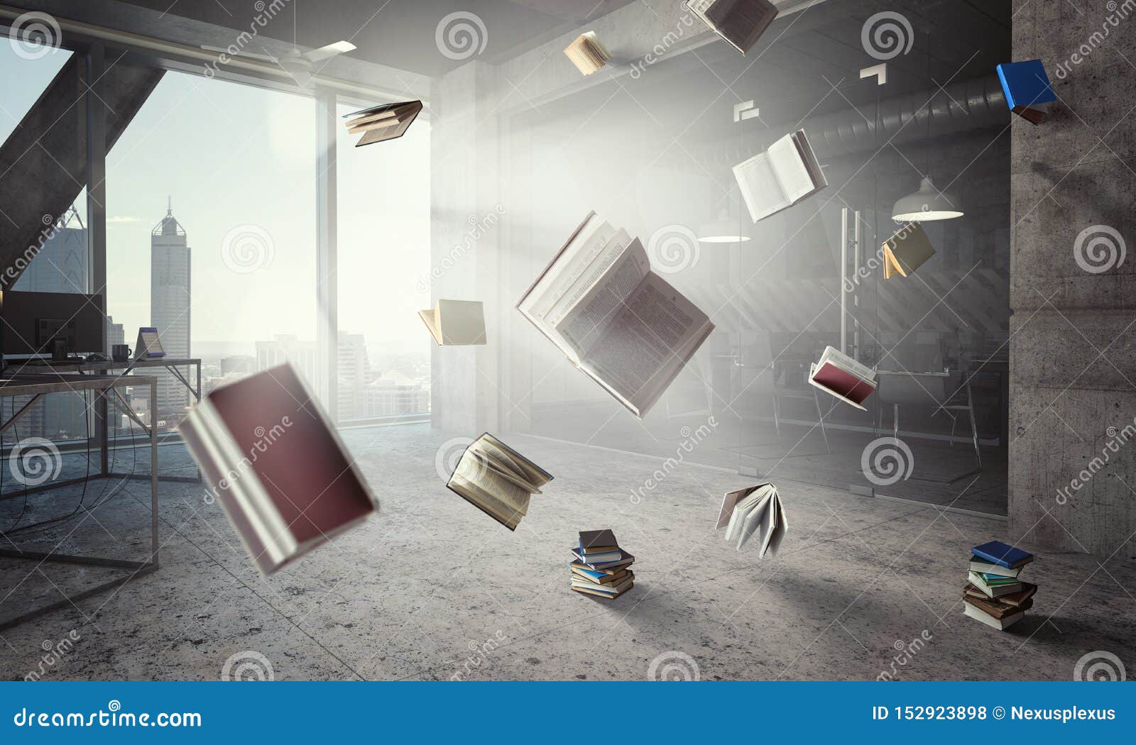 Office Workplace with Flying Objects Stock Illustration - Illustration ...