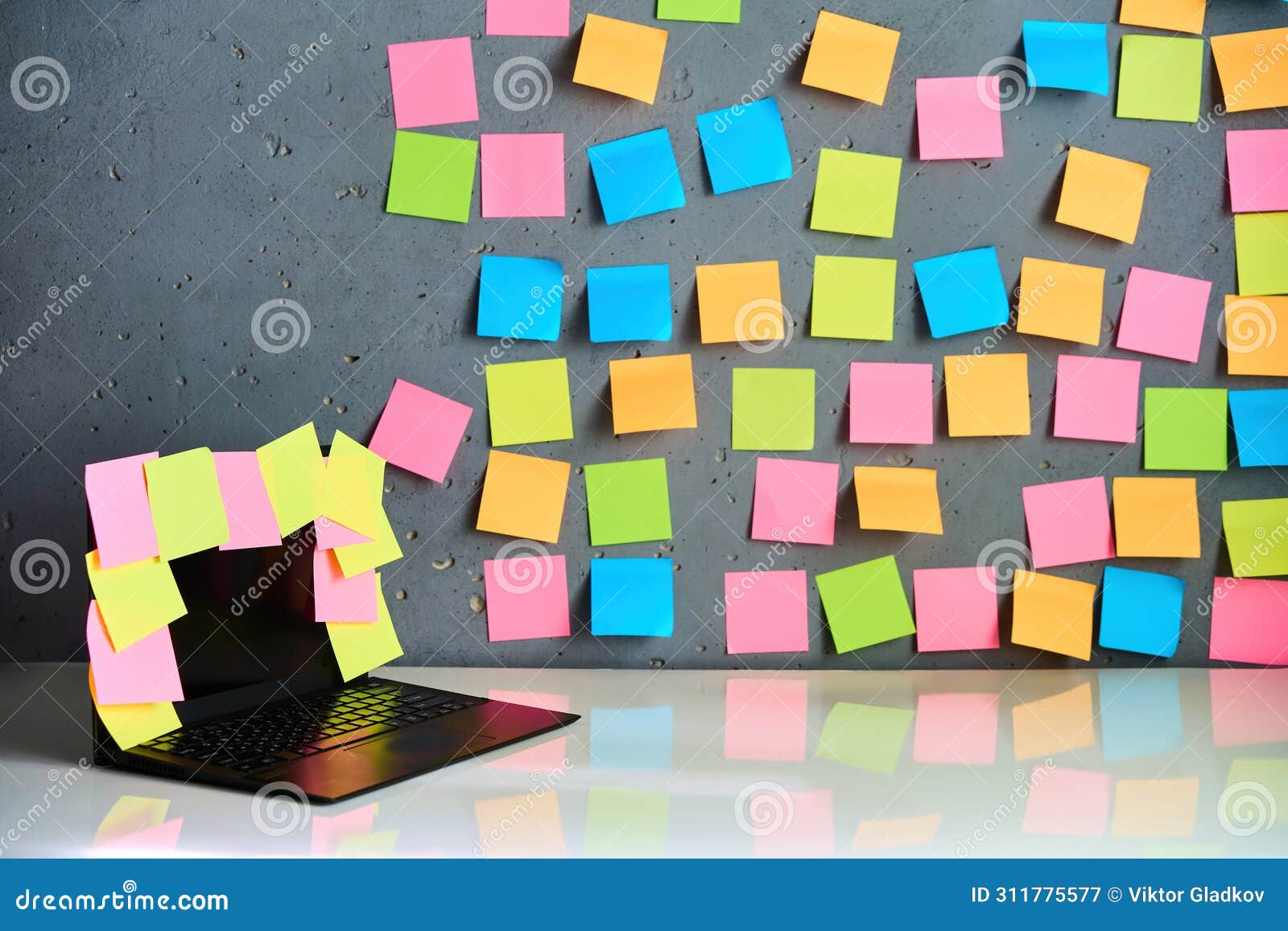 Office Workplace with Laptop and Blank Colorful Sticky Notes Reminders ...