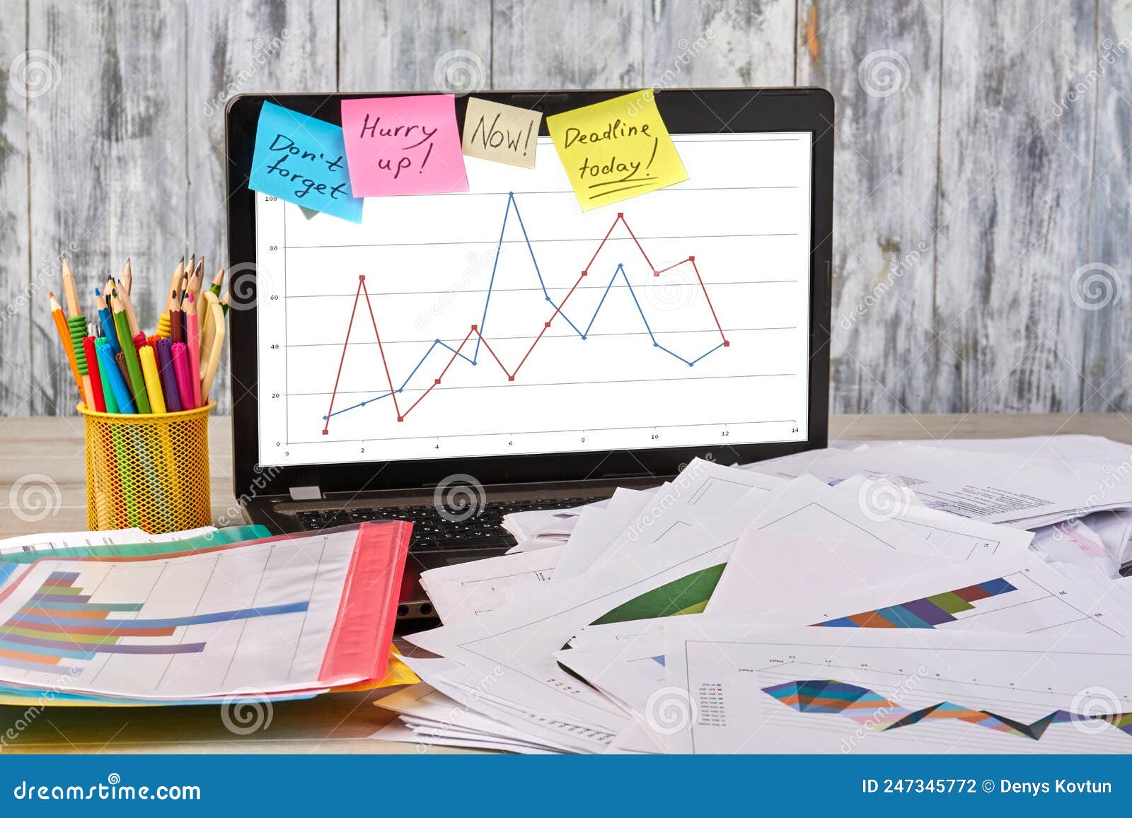 Office Workplace with Laptop and Documents with Statistic Graphs. Stock ...