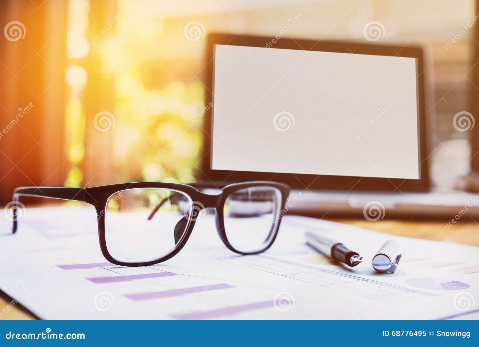 Office Workplace with Laptop and Glasses on Wood Table Stock Image ...