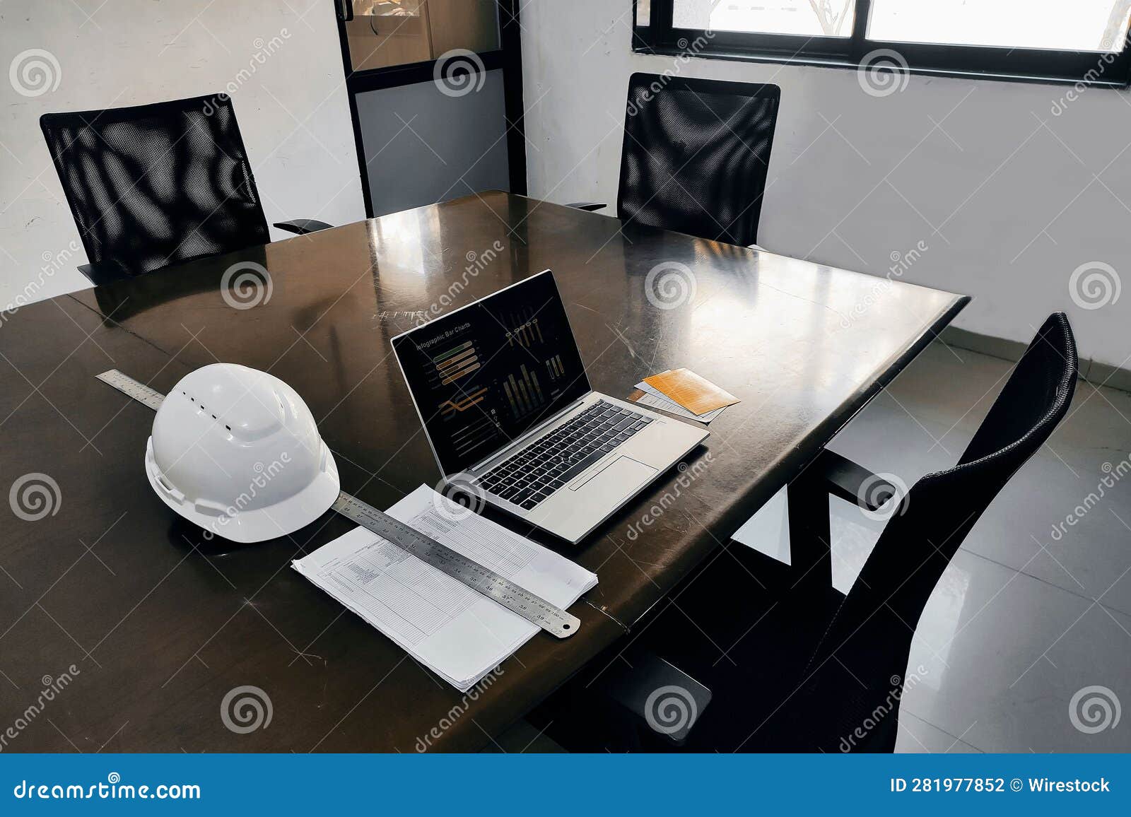 Office Workplace with a Laptop, Notes, and a Hard Hat on a Conference ...