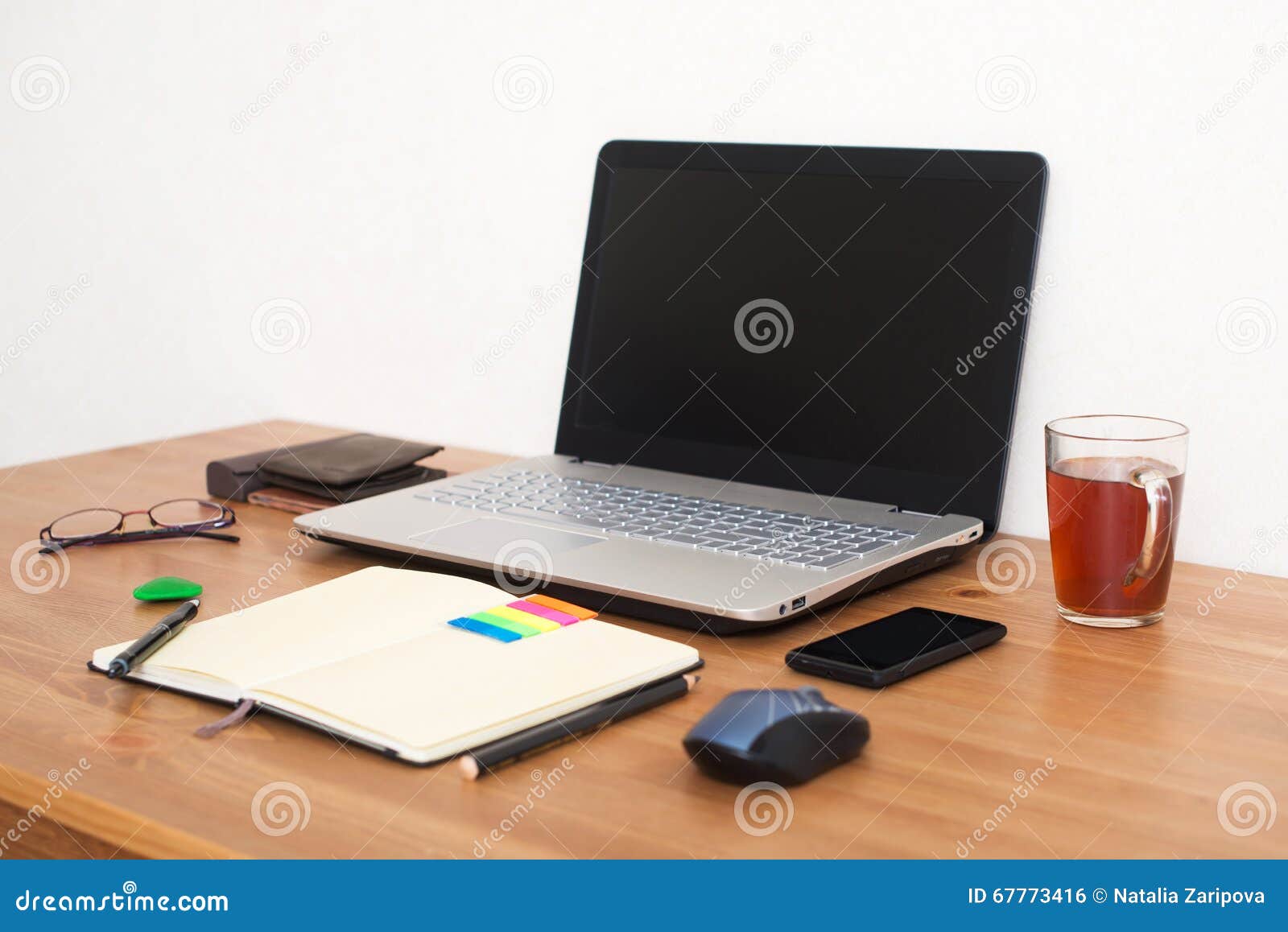 Office Workplace with Laptop, Smart Phone and Notebook on Wood Table ...