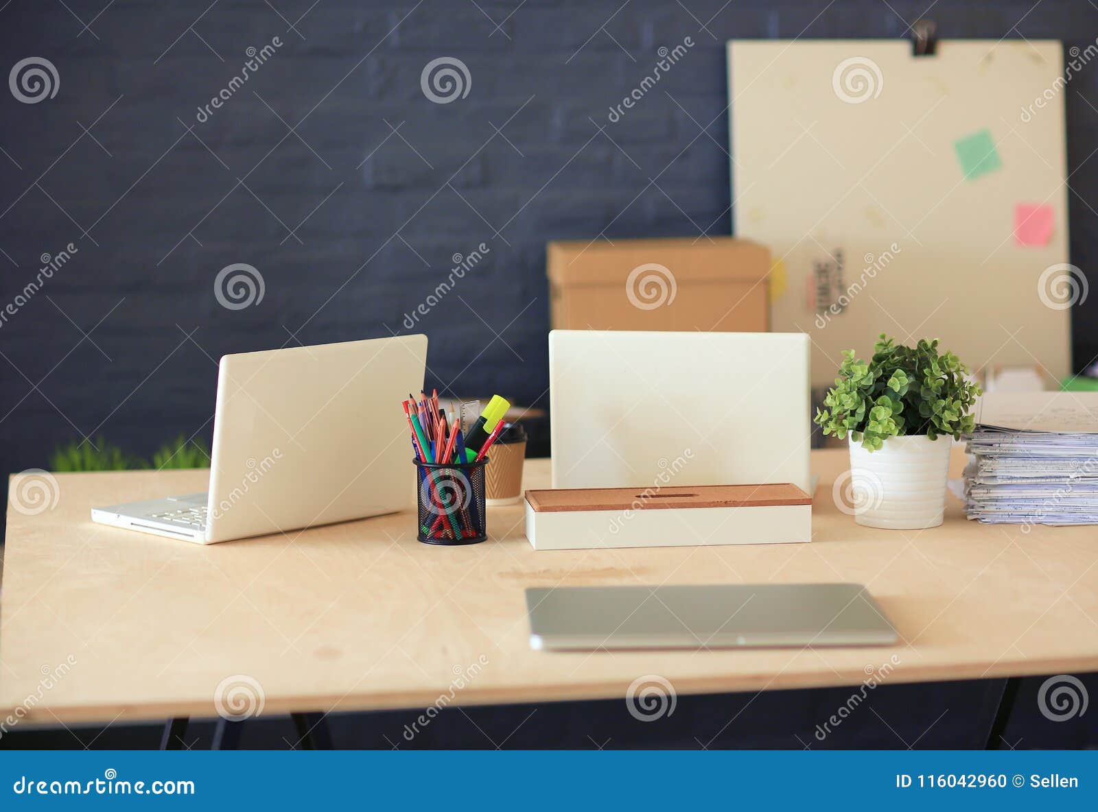 Office Workplace with Laptop and on Wood Table. Stock Photo - Image of ...